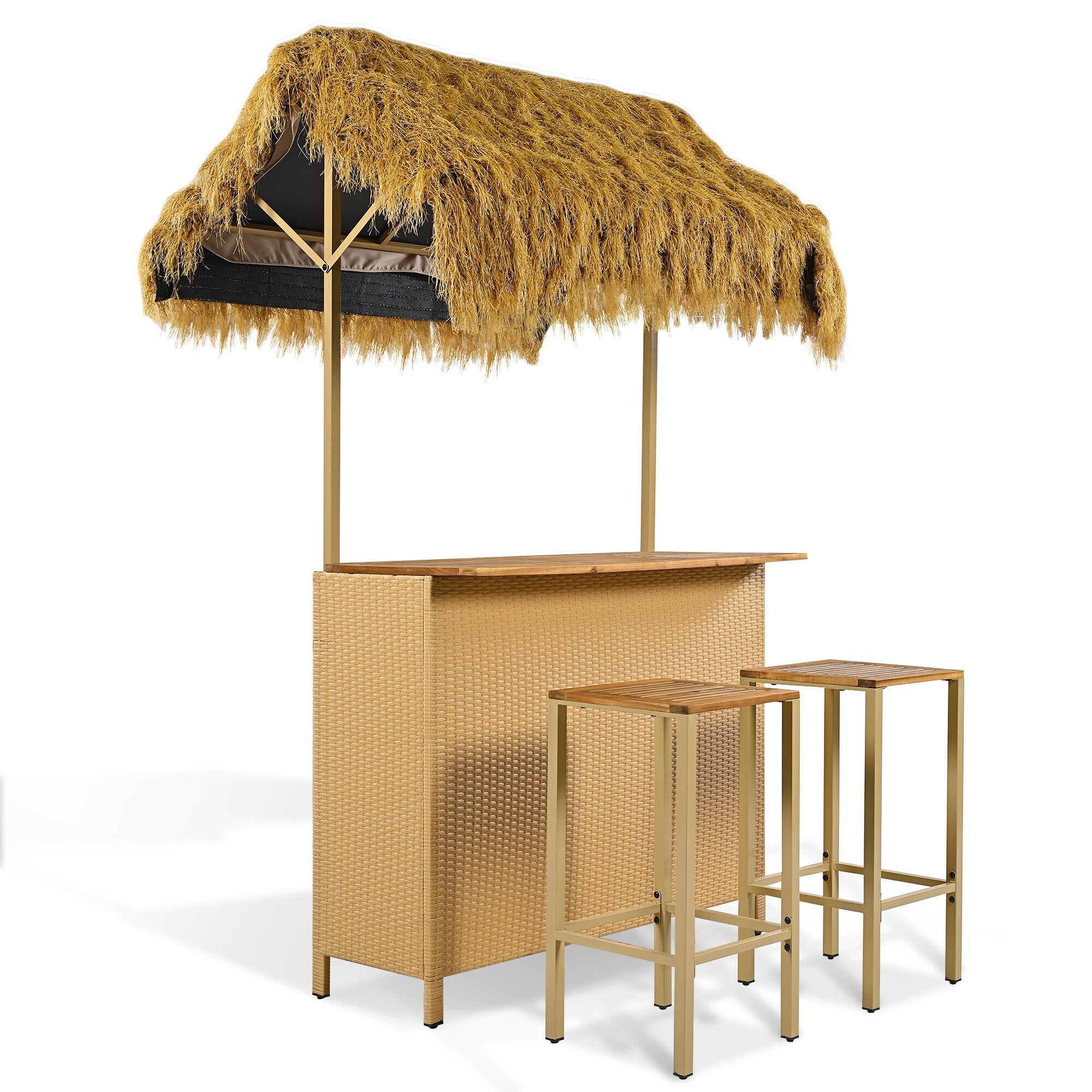 Justincity Hawaii Style Patio Bar Set with PE Grass Canopy Acacia Wood ...