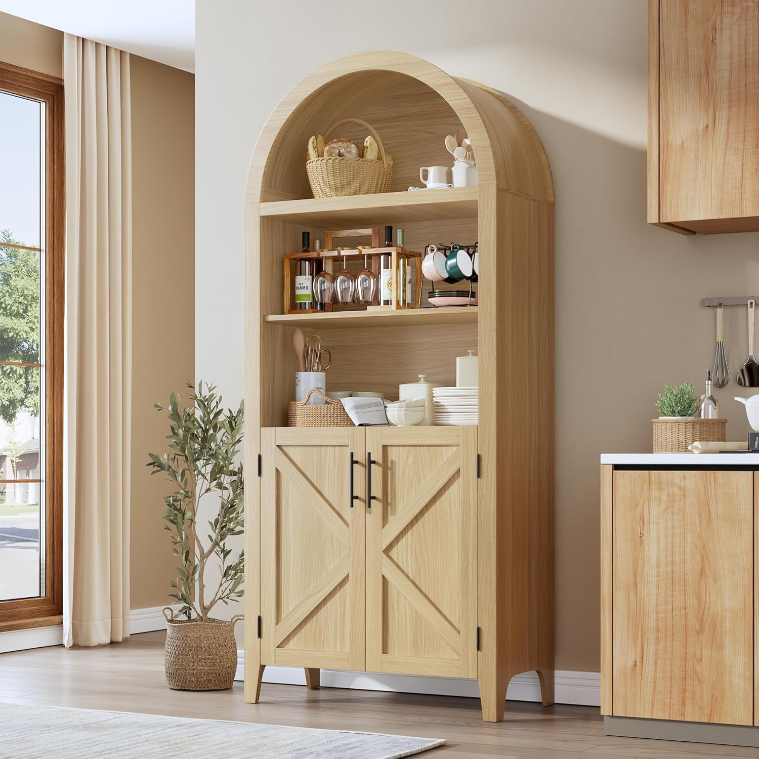 Garvee Arched Bookcase with Doors Kitchen Pantry Storage Cabinet 5 Tier ...