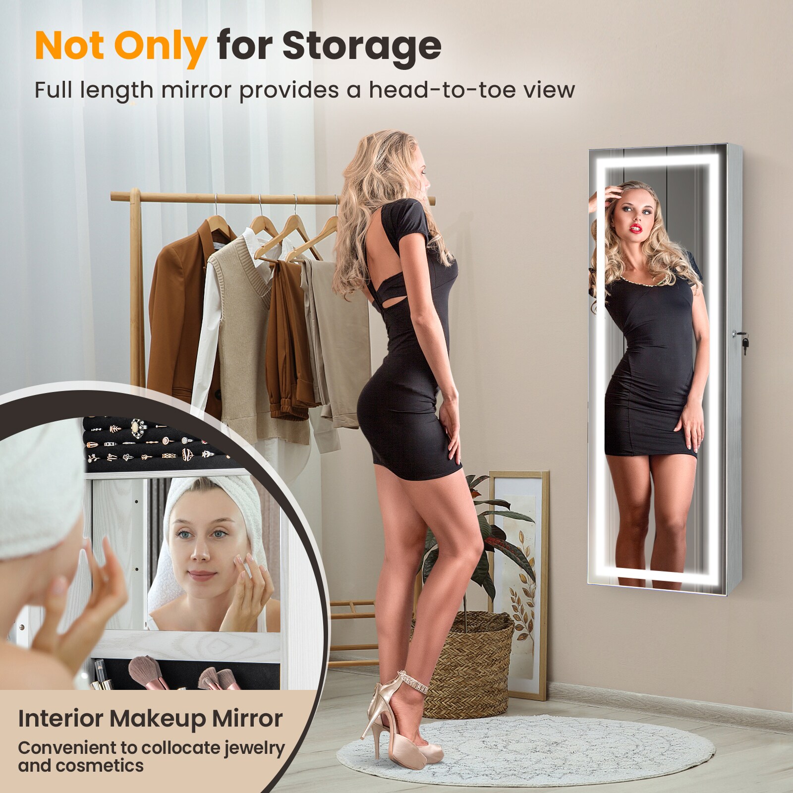 Slickblue White LED Mirror Jewelry Armoire with Touch Control Full ...