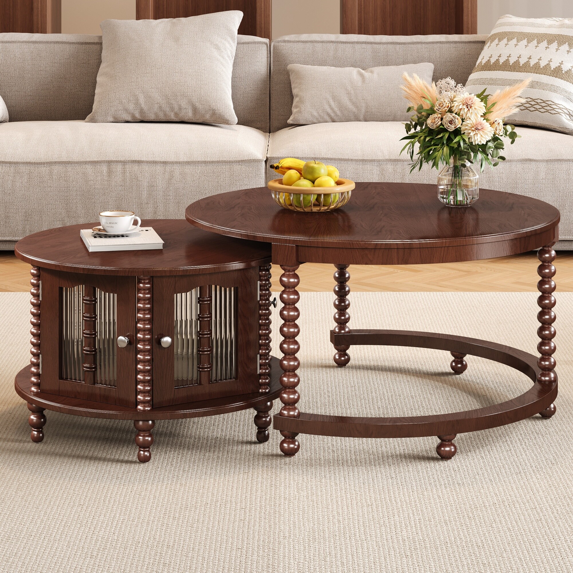 LUXEYARD Vintage Round Nesting Coffee Table Six Bambooshaped Decorative ...