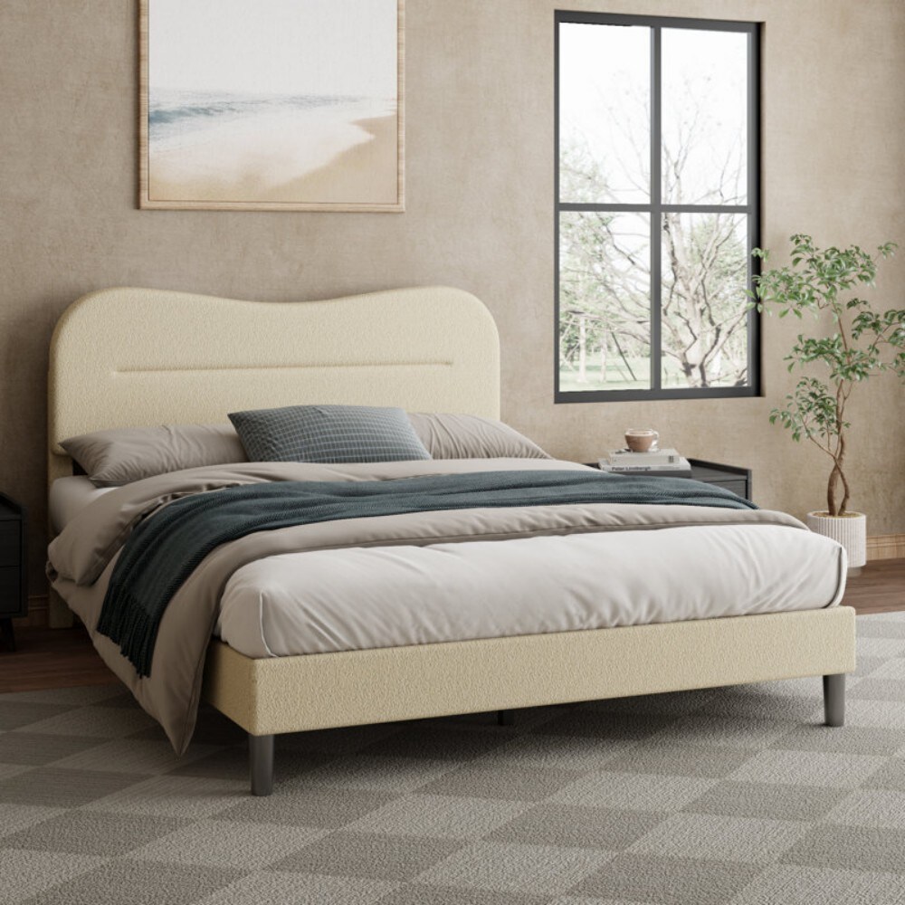 Furologee Queen Size Bed Frame with Headboard Beige Teddy Boucle Fabric ...