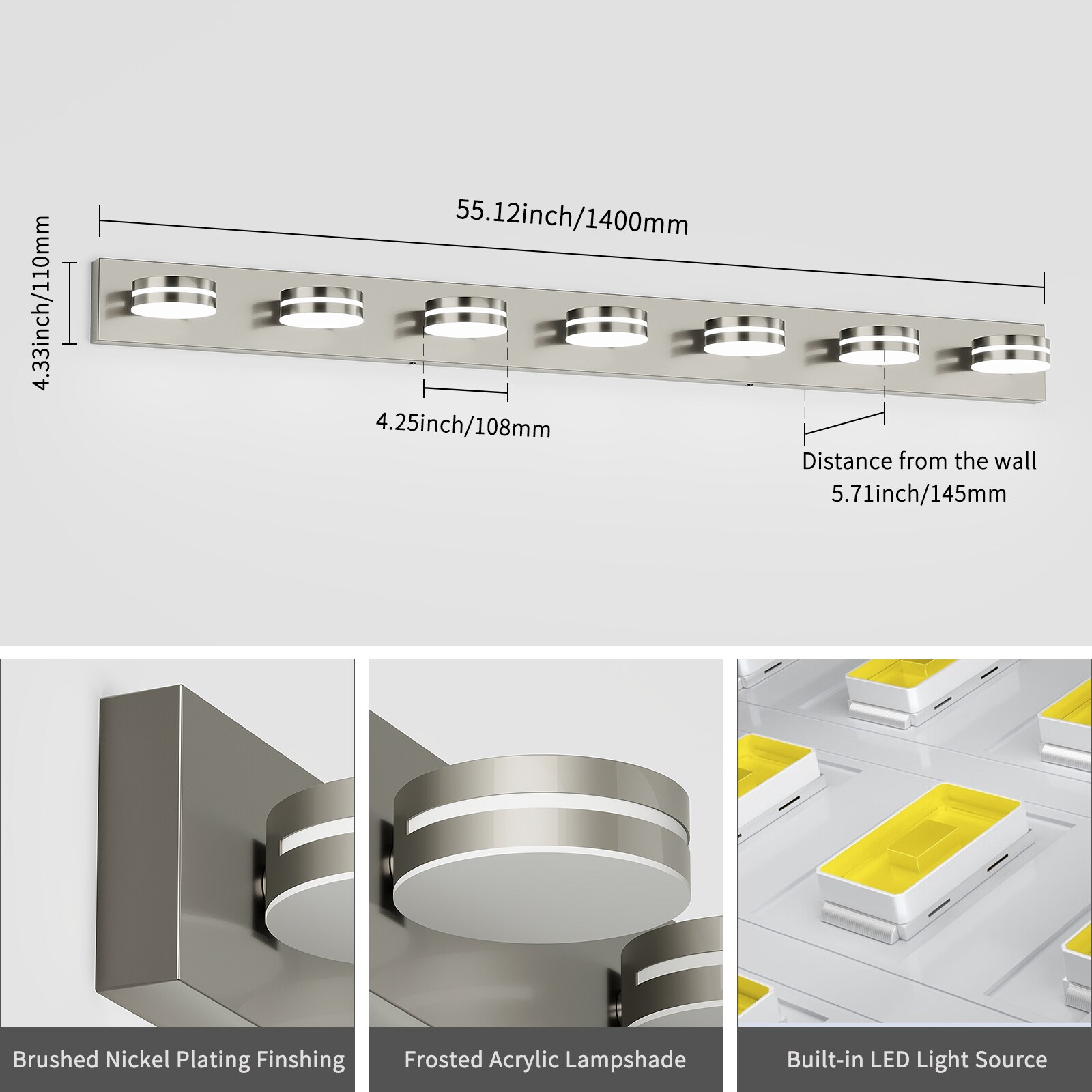 DAYAUM 55.12 in. 7-Light Brushed Nickel Modern Bathroom Vanity Light ...