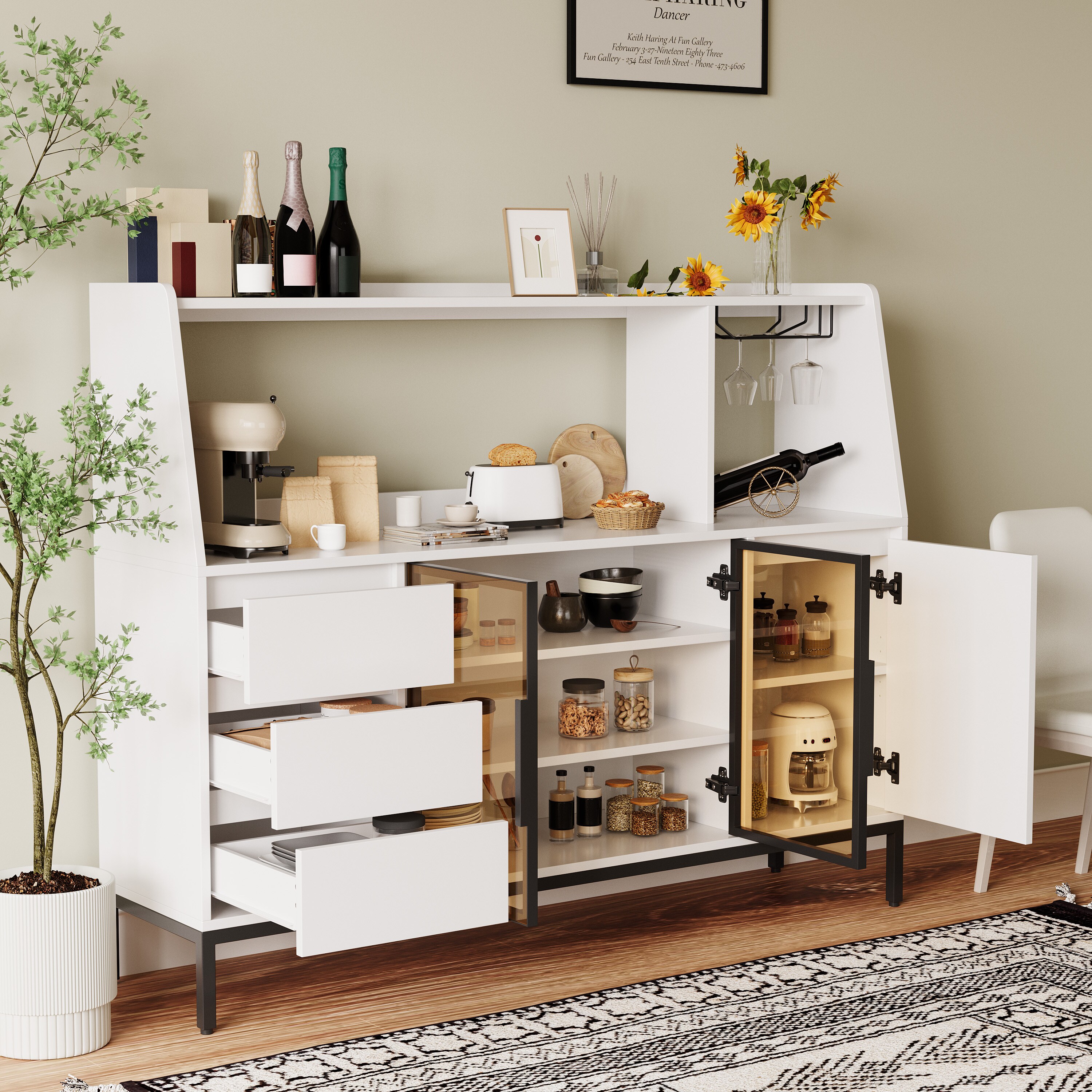 GDFStudio Modern sideboard with 3 drawers and glass door locker side ...