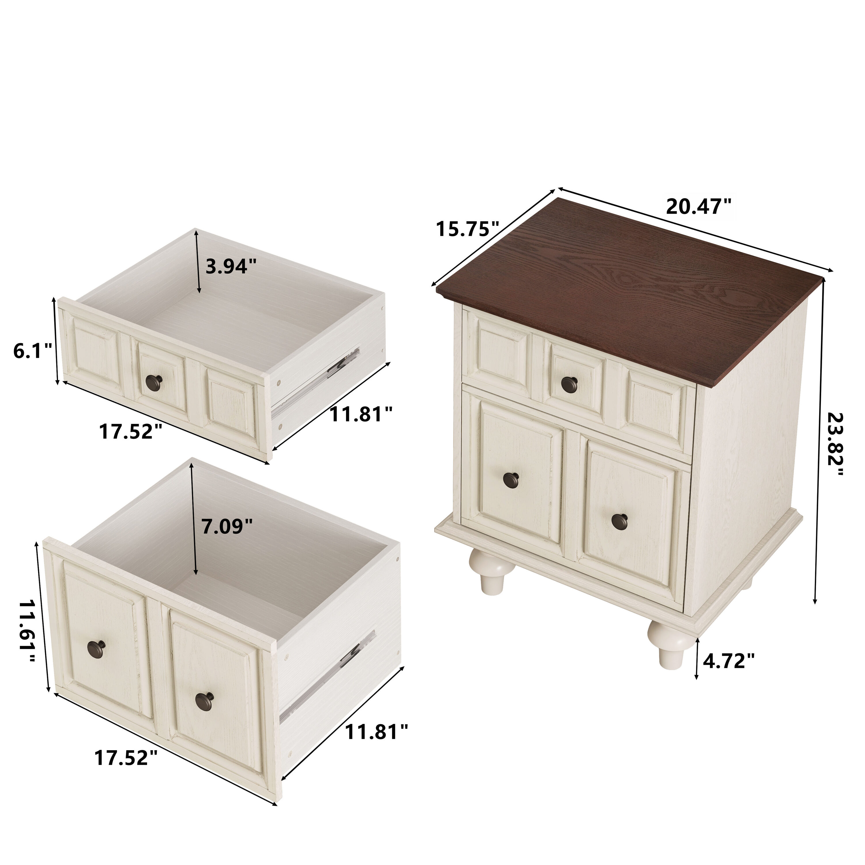 LUXEYARD 20 Inch Vintage Nightstand 2 Drawers Roman Column Legs Solid ...