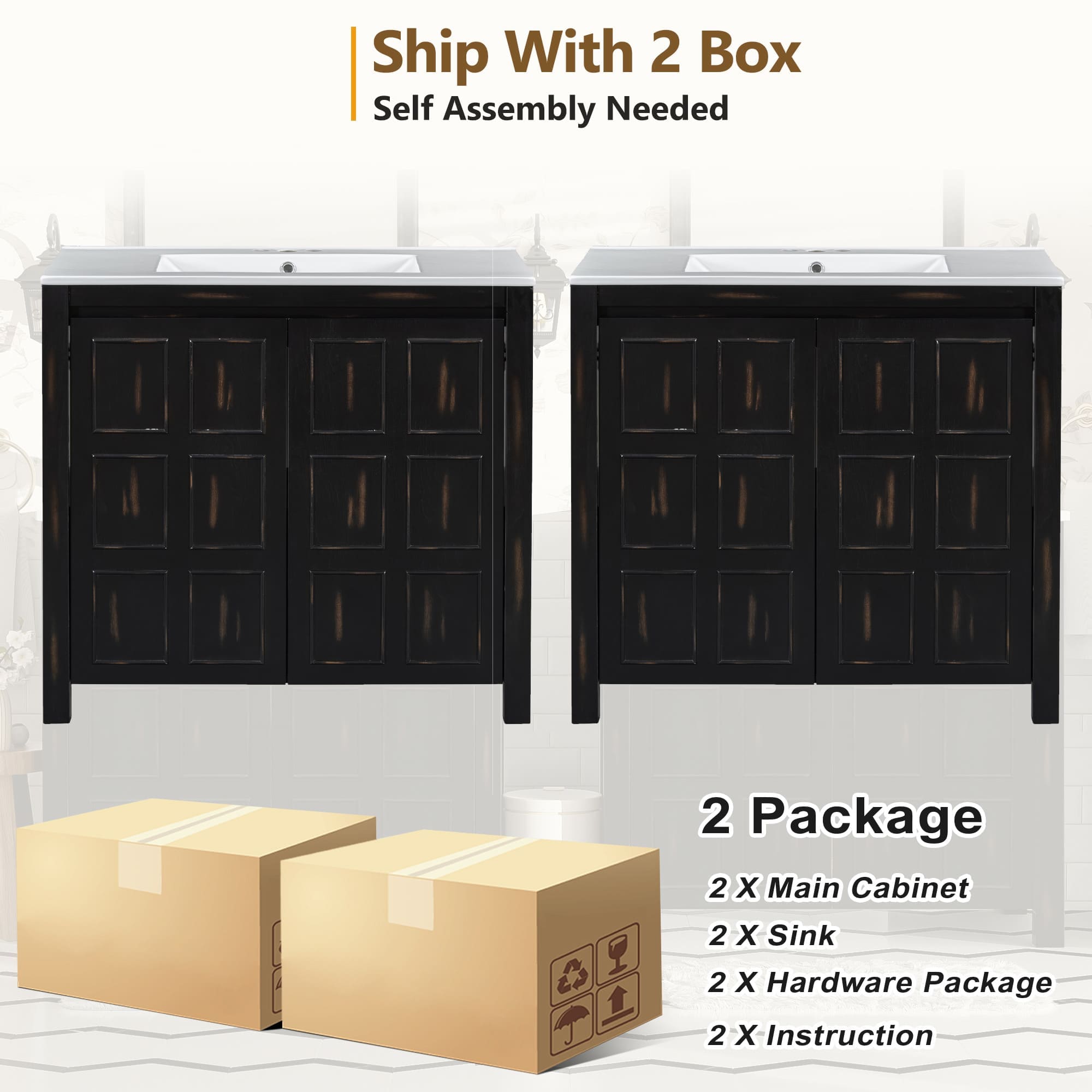 Vynxaria 72 Inch Retro Espresso Bathroom Vanity Separate Double Ceramic ...