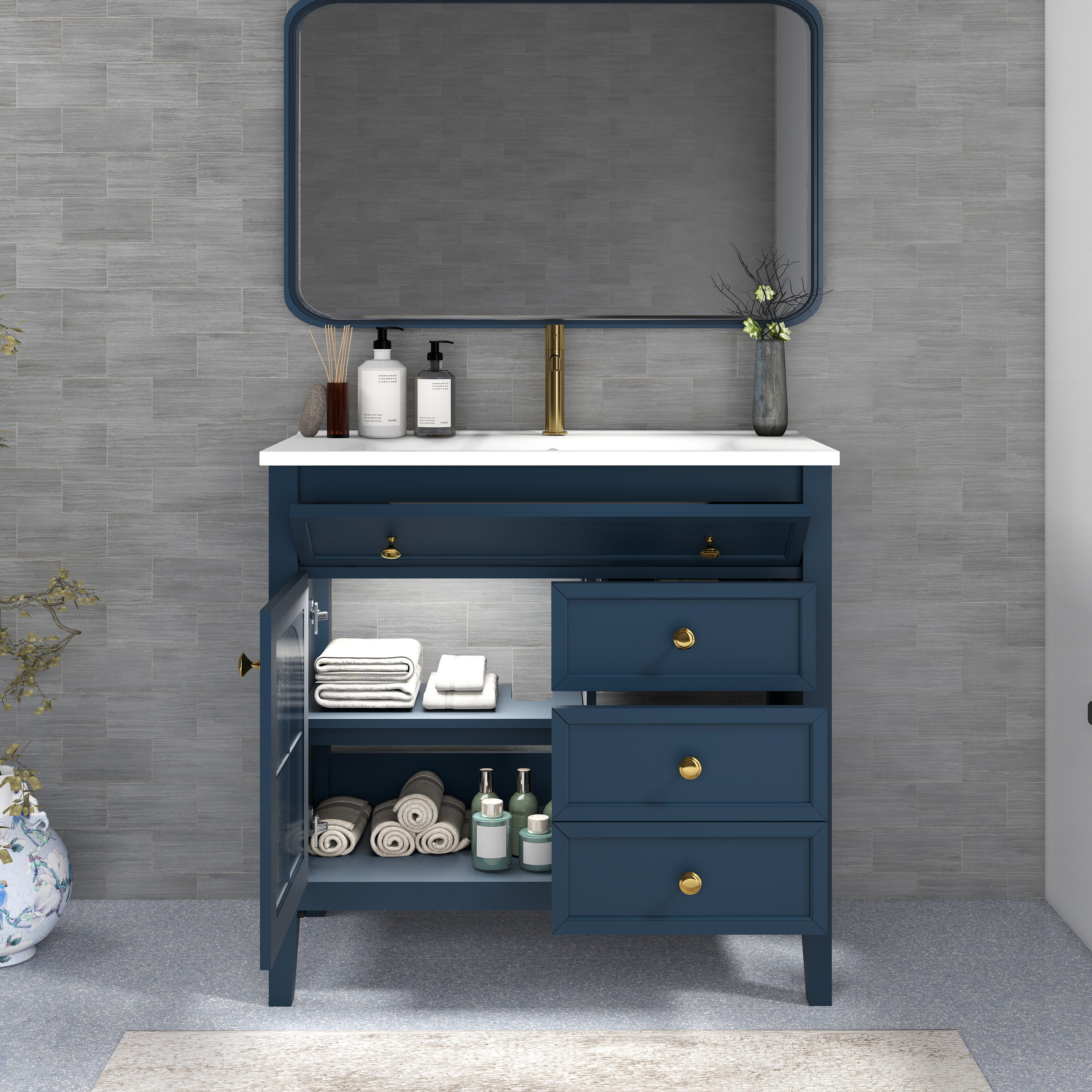 Tinyhomie 35 Inch Mid Century Bathroom Vanity Patterned Glass Motion ...