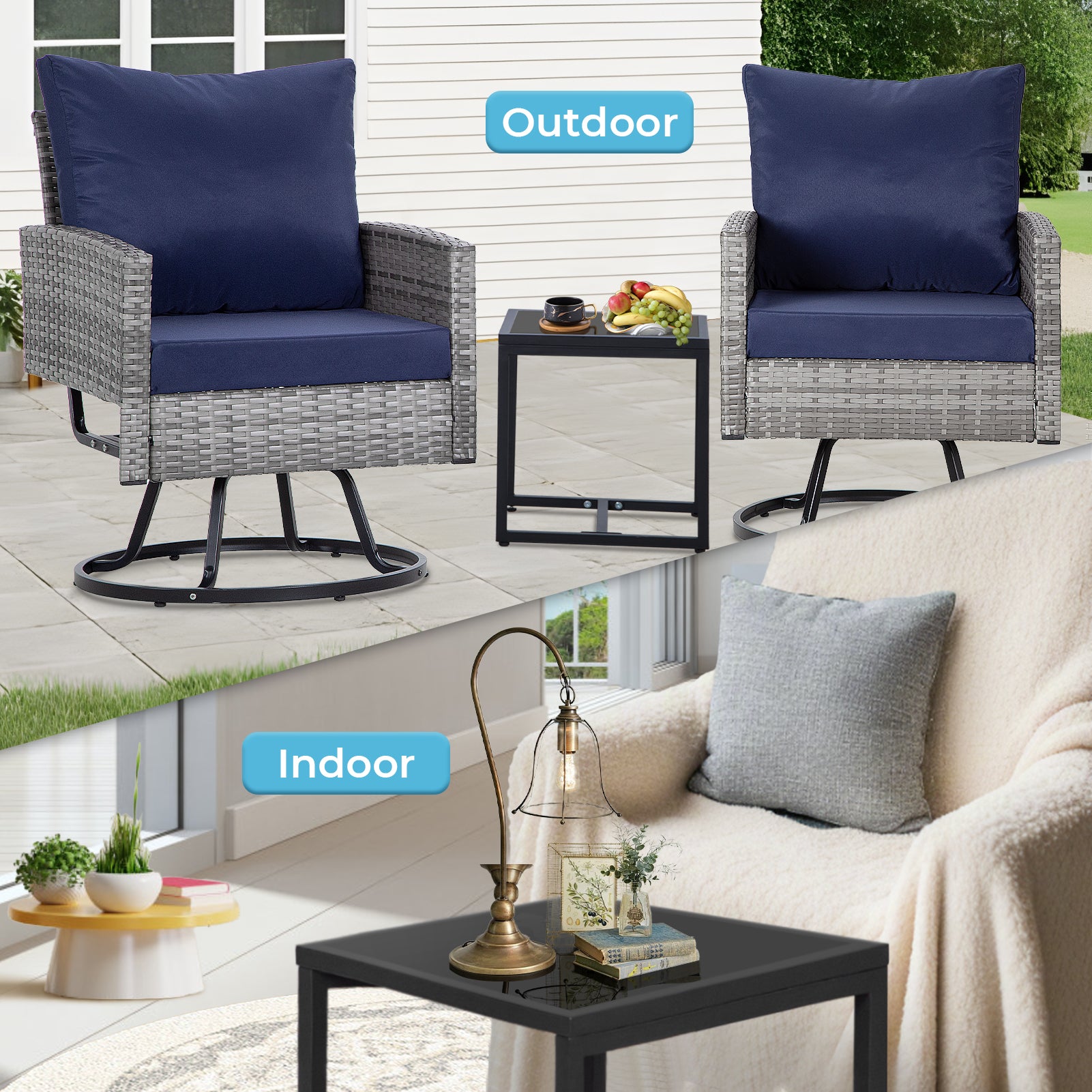 Boyel Living Gray Blue 3-Piece Set Outdoor Patio Swivel Chair with 2 ...