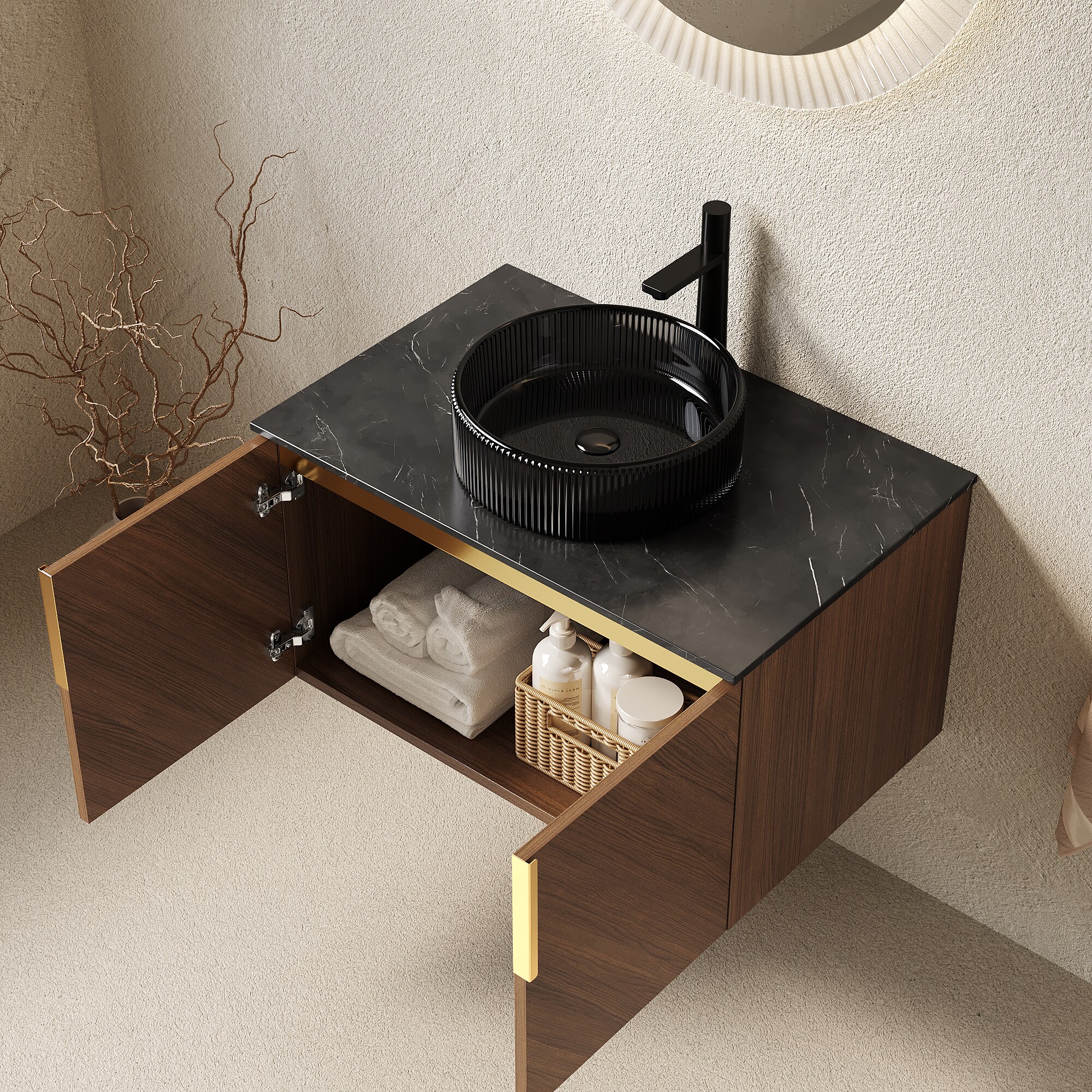 Afhocomp 30 in. Single Sink Wall-mount Brown Oak Bath Vanity with Black ...
