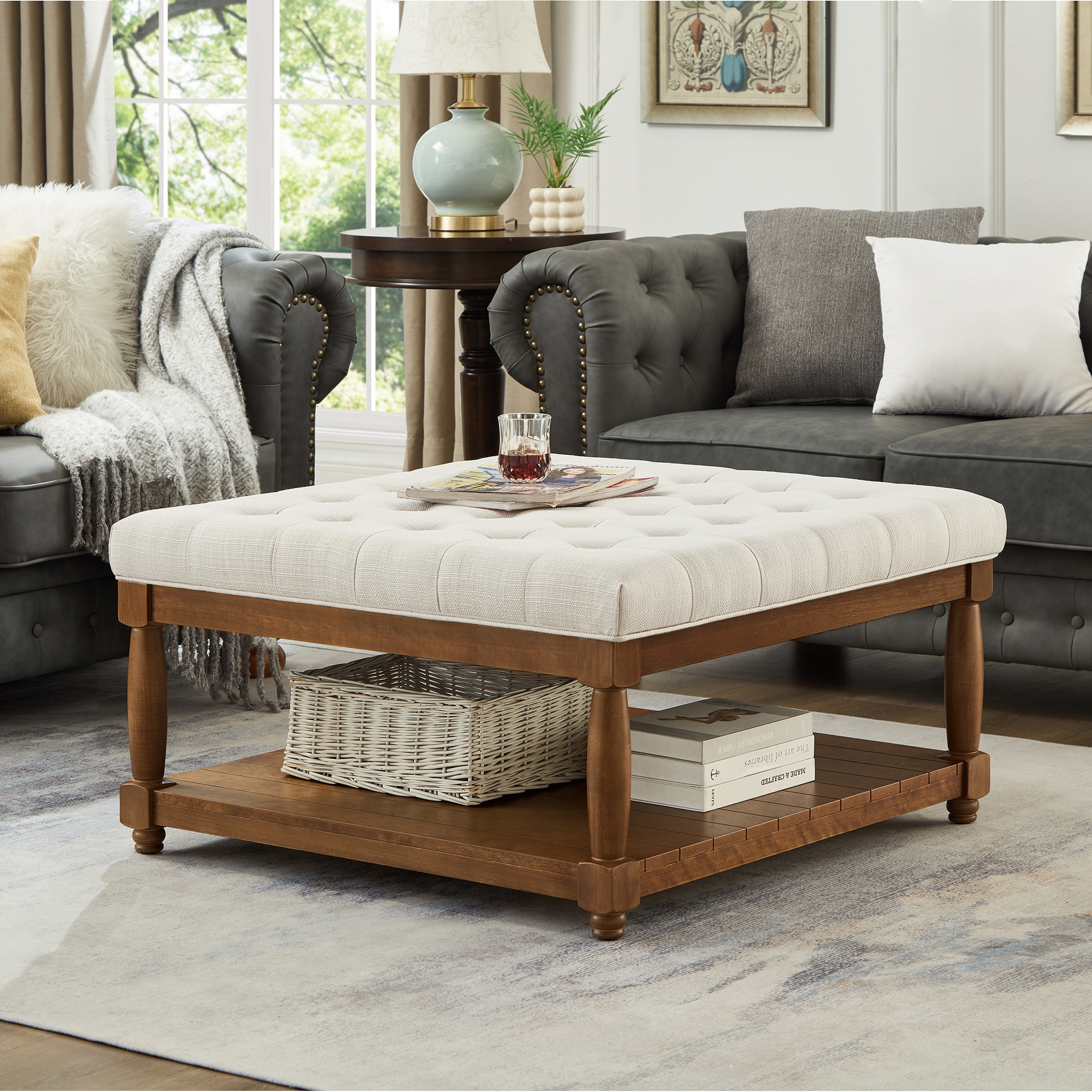 LUXEYARD Large Square Upholstered Tufted Linen Ottoman Coffee Table ...