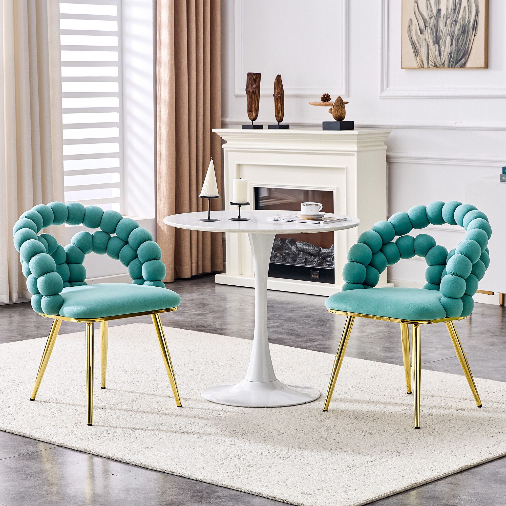 Wooakway Set of 2 Modern Teal Blue Velvet Dining Chairs Puffy Bubble ...