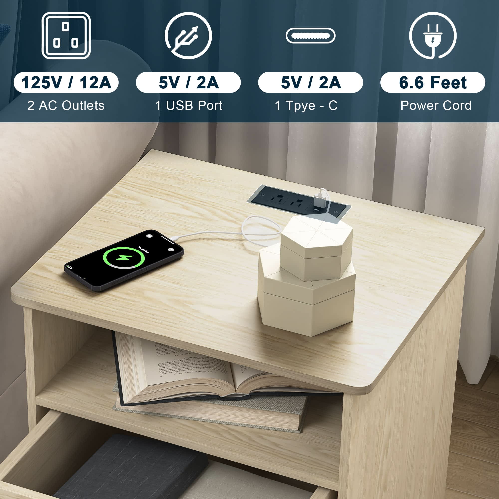 Choco Moon Wood Nightstand With Charging Station Bedside Table With 2 ...