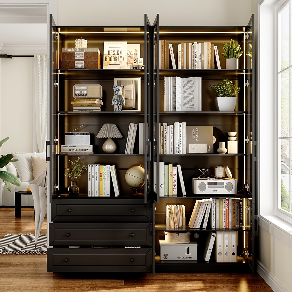 Homsee Wood Bookcase with Glass Doors LED Lights and 3 Drawers Modern ...