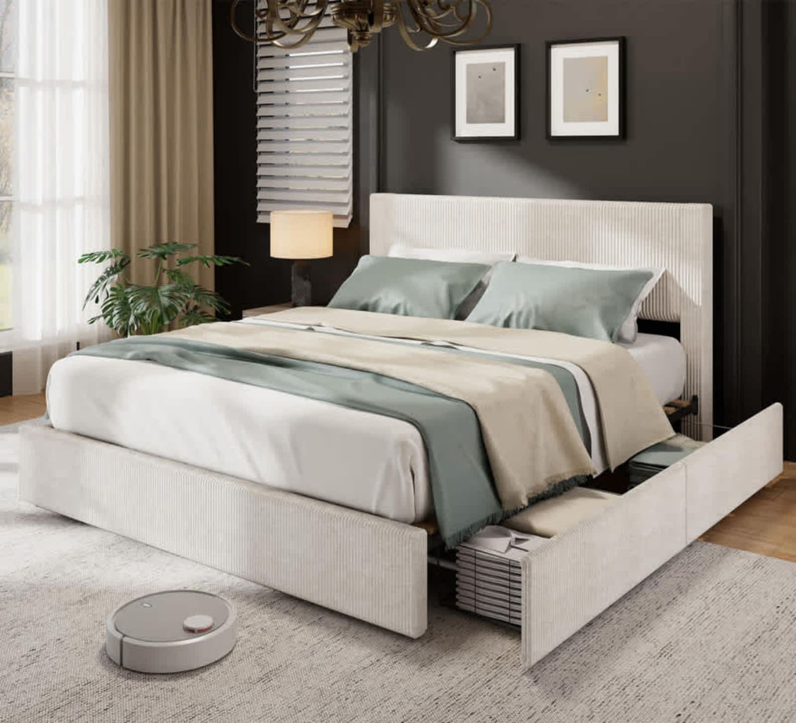 Qeetex Full Beige Bed Frame with Tufted Wingback Headboard Platform ...