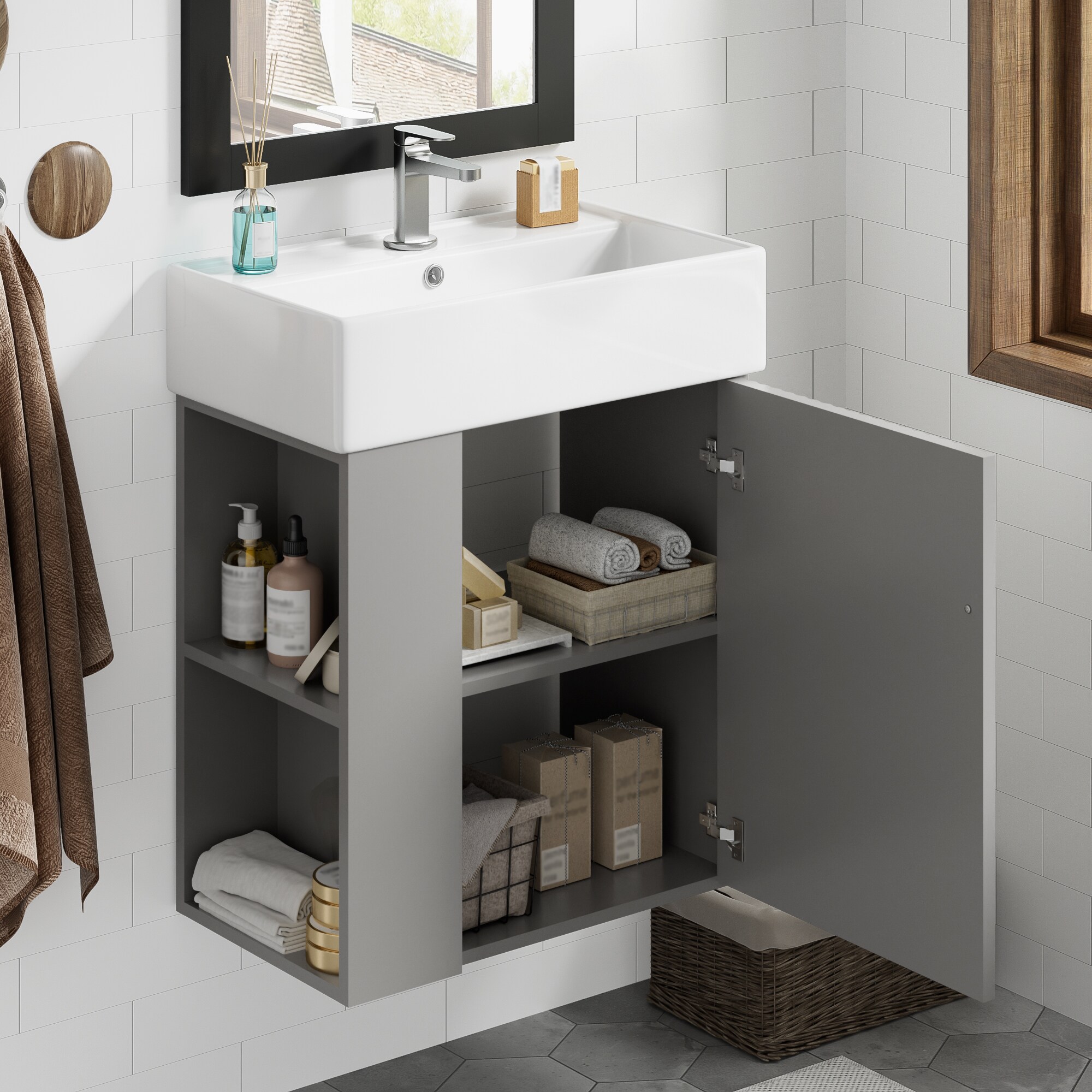 JEAREY 21.6 Inch Modern Floating Bathroom Vanity in Gray with Left Side ...