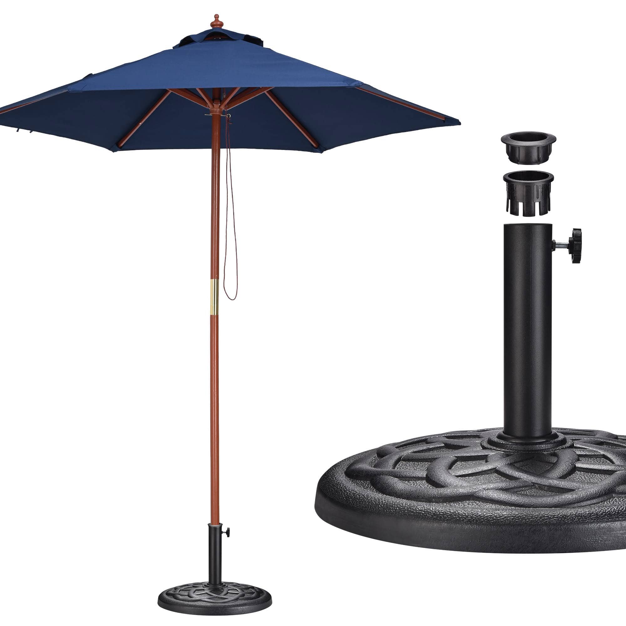Yescom 7-FT Solid Wood Patio Umbrella with Retro Base 6 Ribs Pulley Li ...