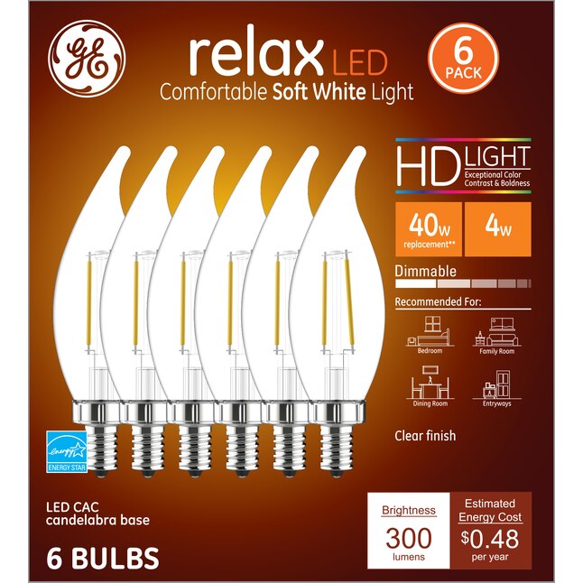 GE Relax 40-Watt EQ CAC Soft White Candelabra Base (E-12) Dimmable LED ... GE Relax 40-Watt EQ CAC Soft White Candelabra Base (E-12) Dimmable LED ...