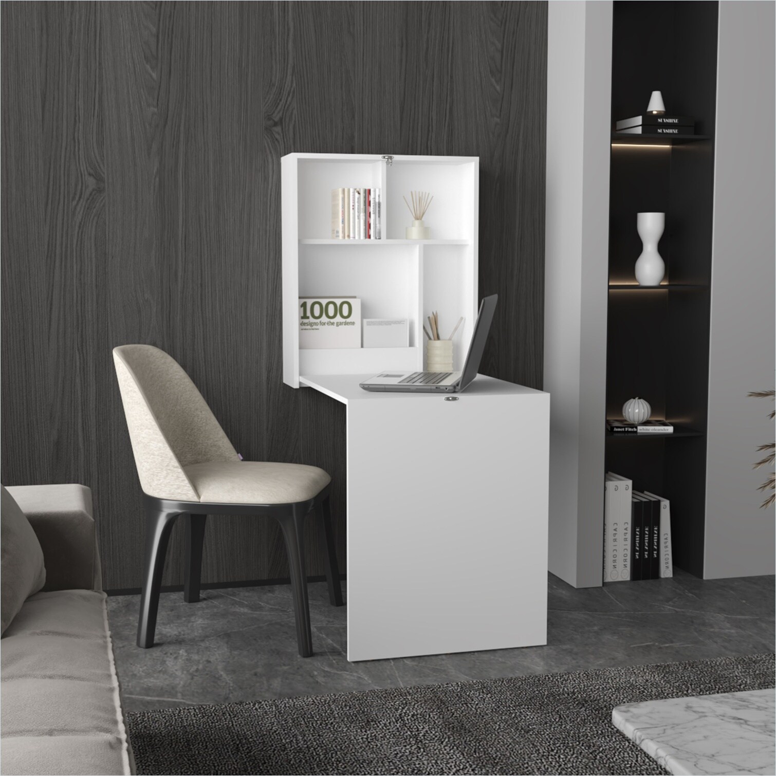 Naturefalls Wall-Mounted Folding Desk with 4 Shelves Soft White 33.3 ...