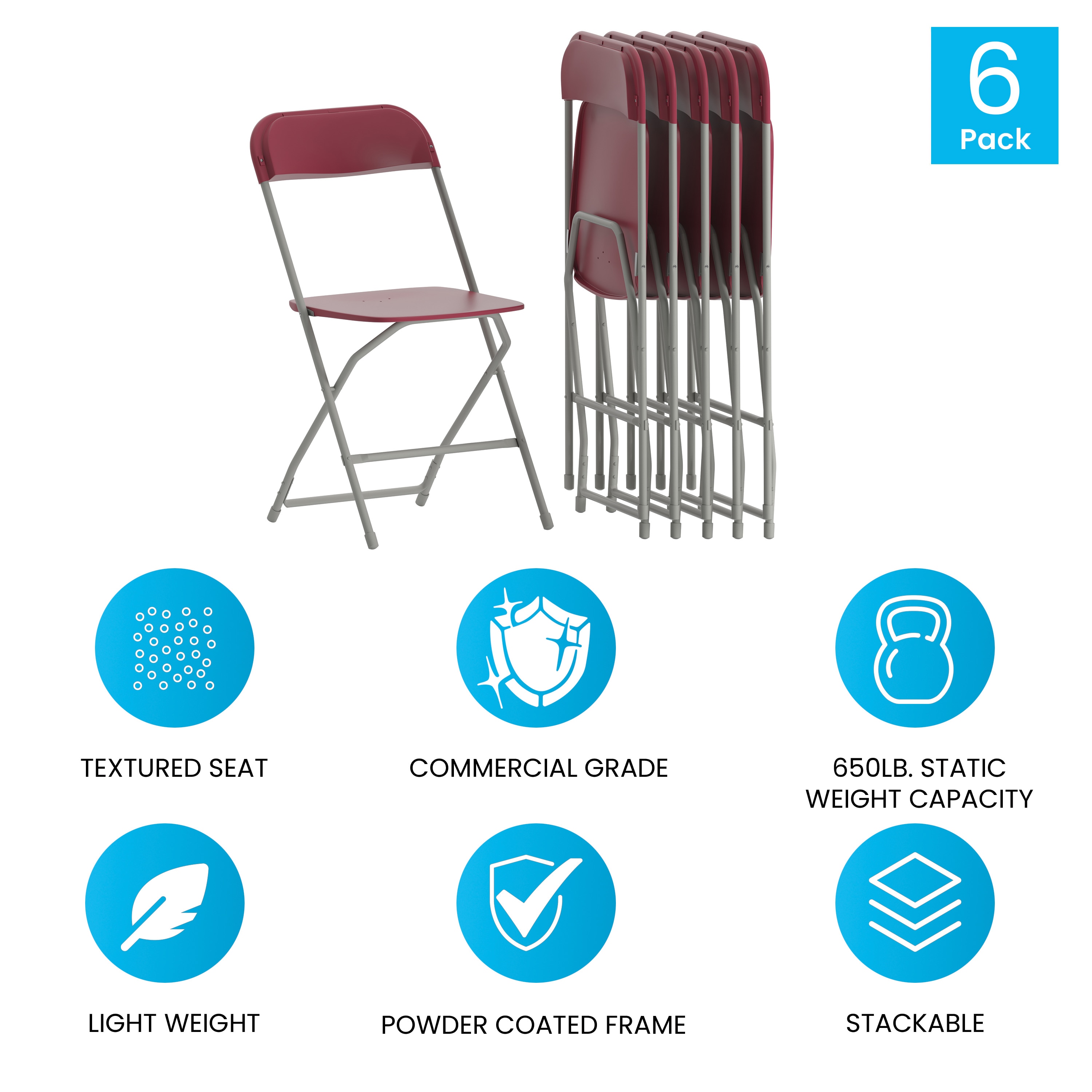 Emma + Oliver Folding Chair - Red Plastic – 6 Pack 650LB Weight ...