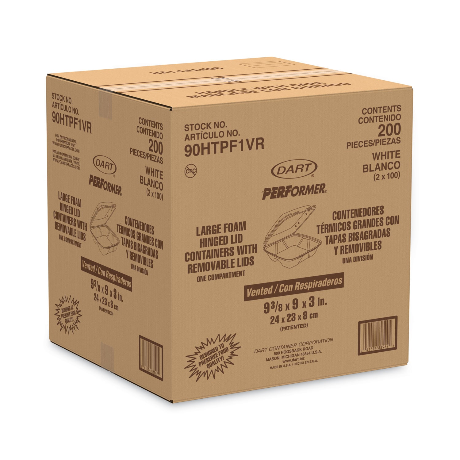 Dart Foam Hinged Lid Container Vented Lid 9 x 9.4 x 3 White 100/Pack 2 ...