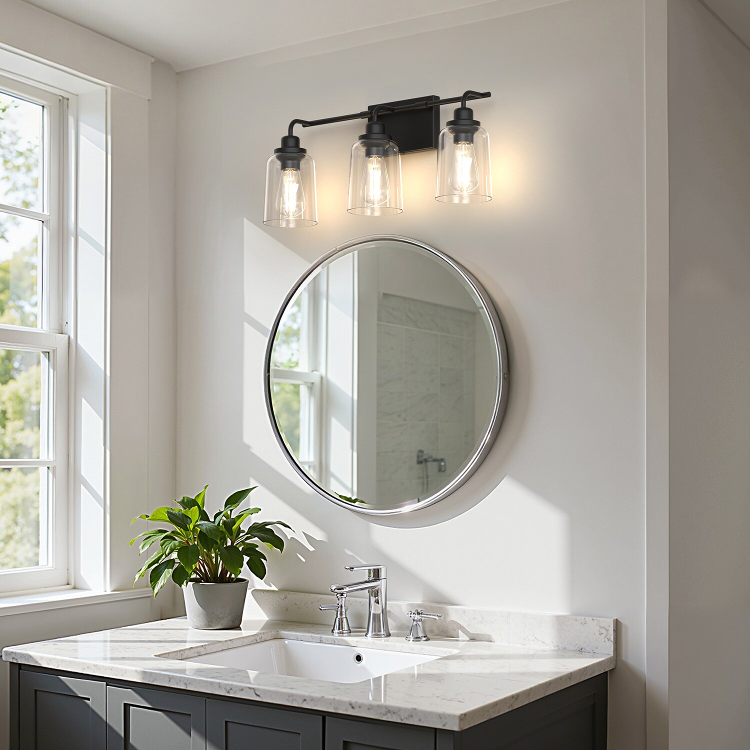 DORESshop 3 Light Curved Arm Vanity Light with Clear Cylinder Glass ...