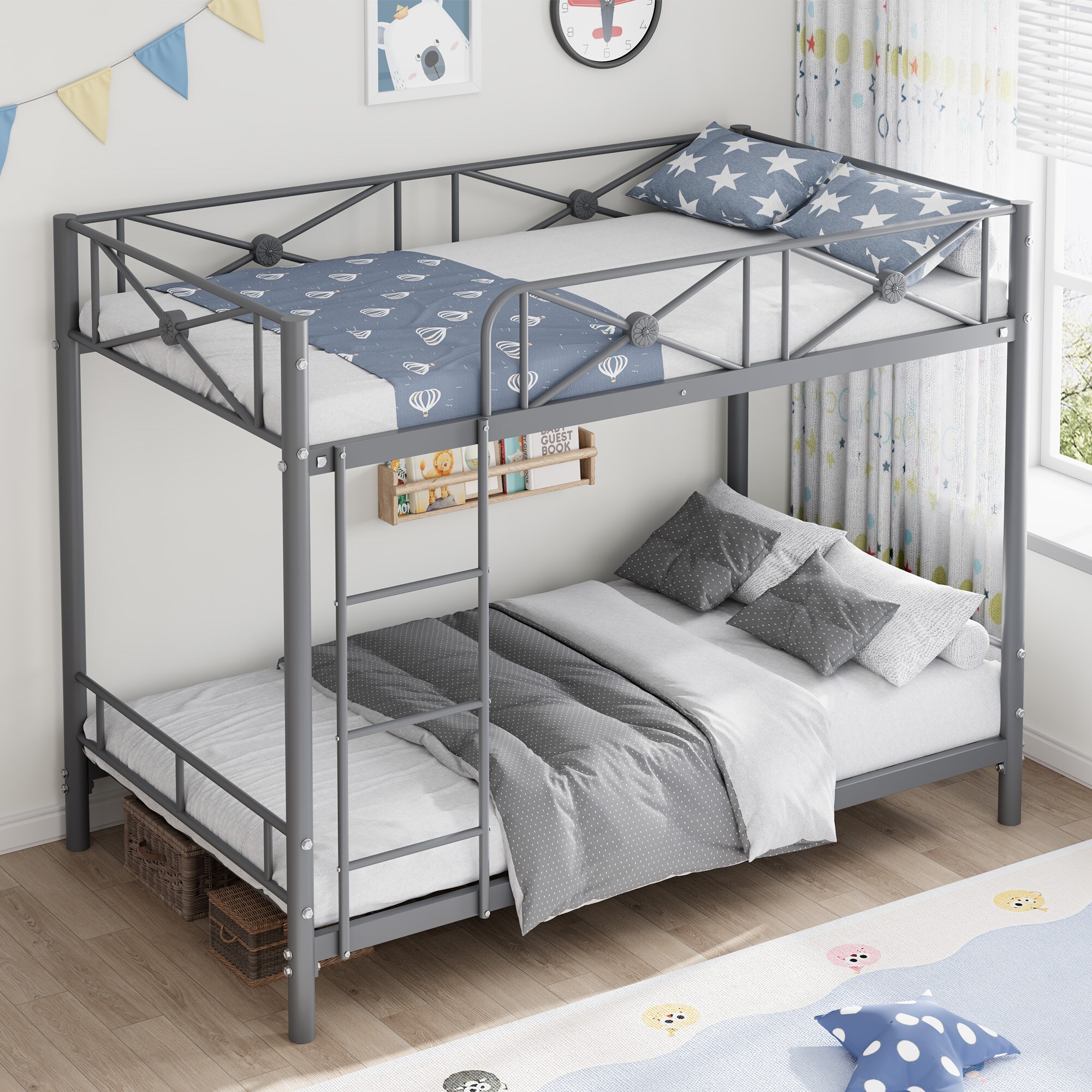 Garvee Grey Heavy Duty Twin Over Twin Metal Bunk Bed Industrial Steel ...