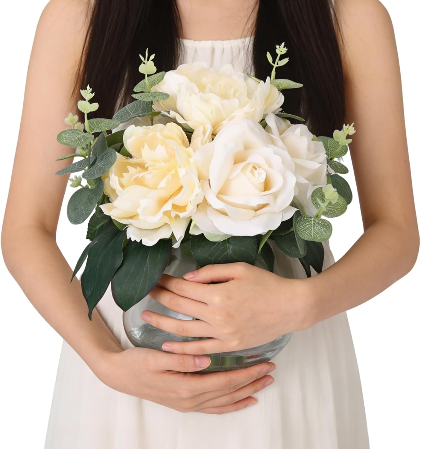 Garvee 4 Roses and 4 Peonies in Glass Vase with Faux Water Lifelike ...