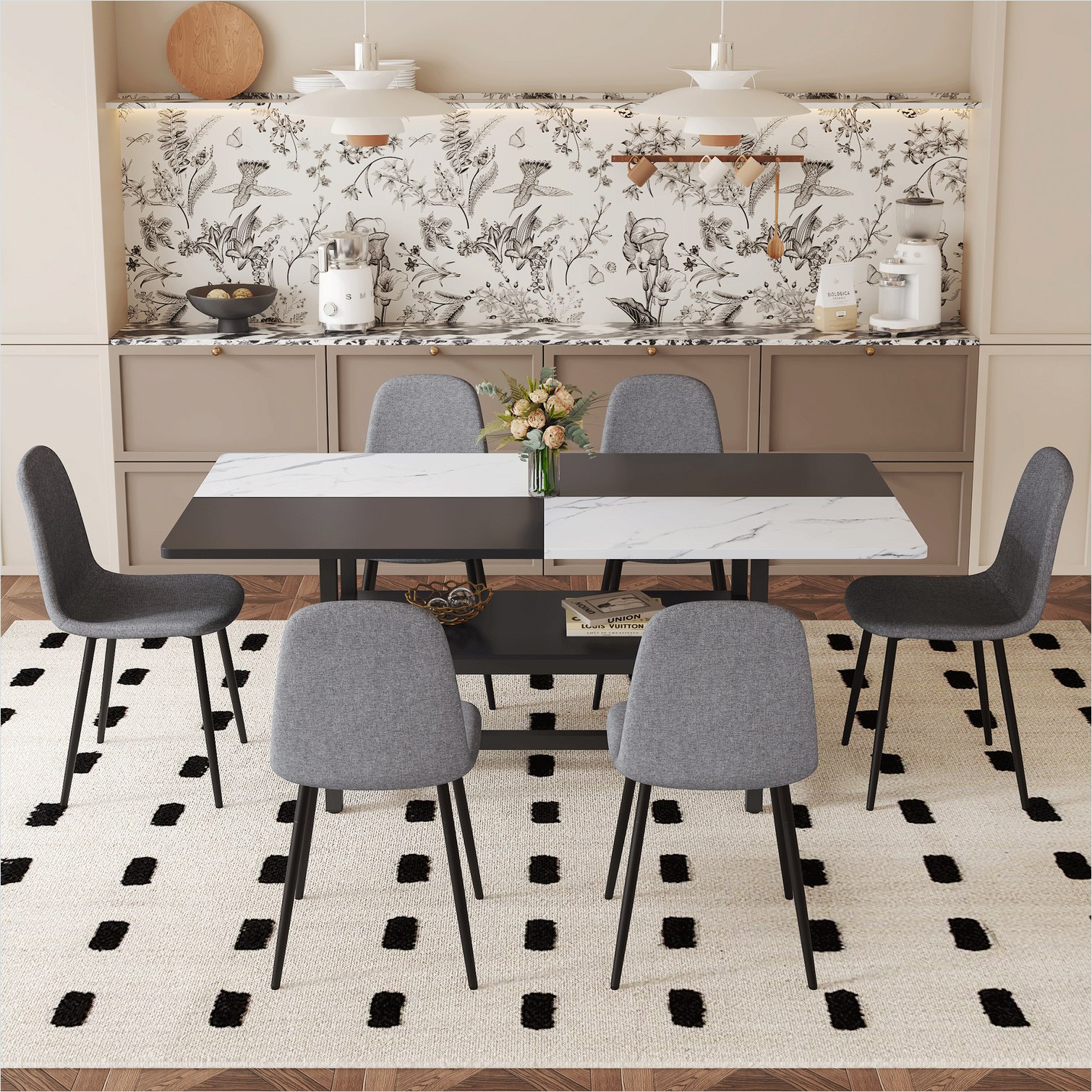 Naturefalls White and Black MDF Dining Table with 6 Dark Gray Linen ...