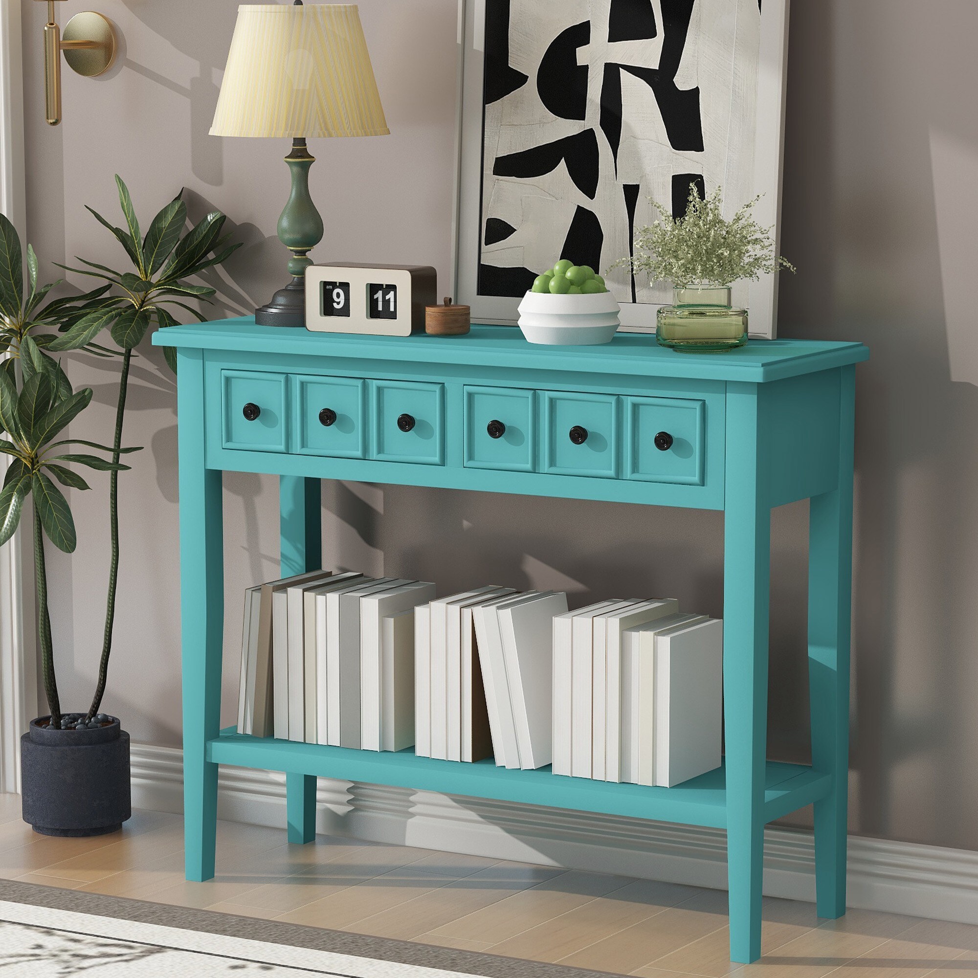 Dimakai Rustic Wood Teal Rubberwood 38.2-in W x 31.9-in H Console table ...