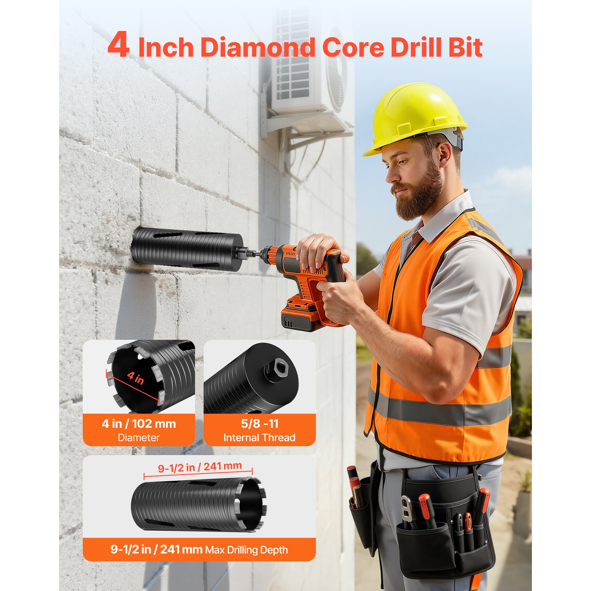 VEVOR Core Drill Bit 4 inch Diameter 9-1/2 inch Drilling Depth 5/8-11 ...