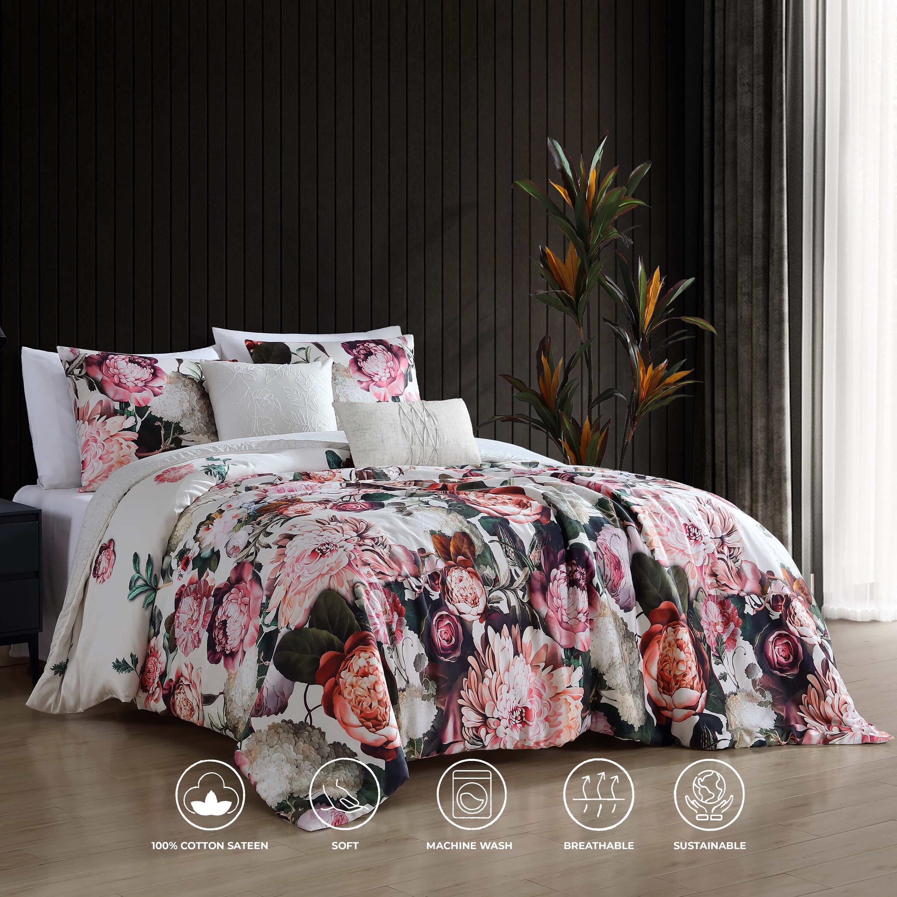 BEBEJAN Garden Bouquet 5 Piece Comforter Set White Floral Reversible ...