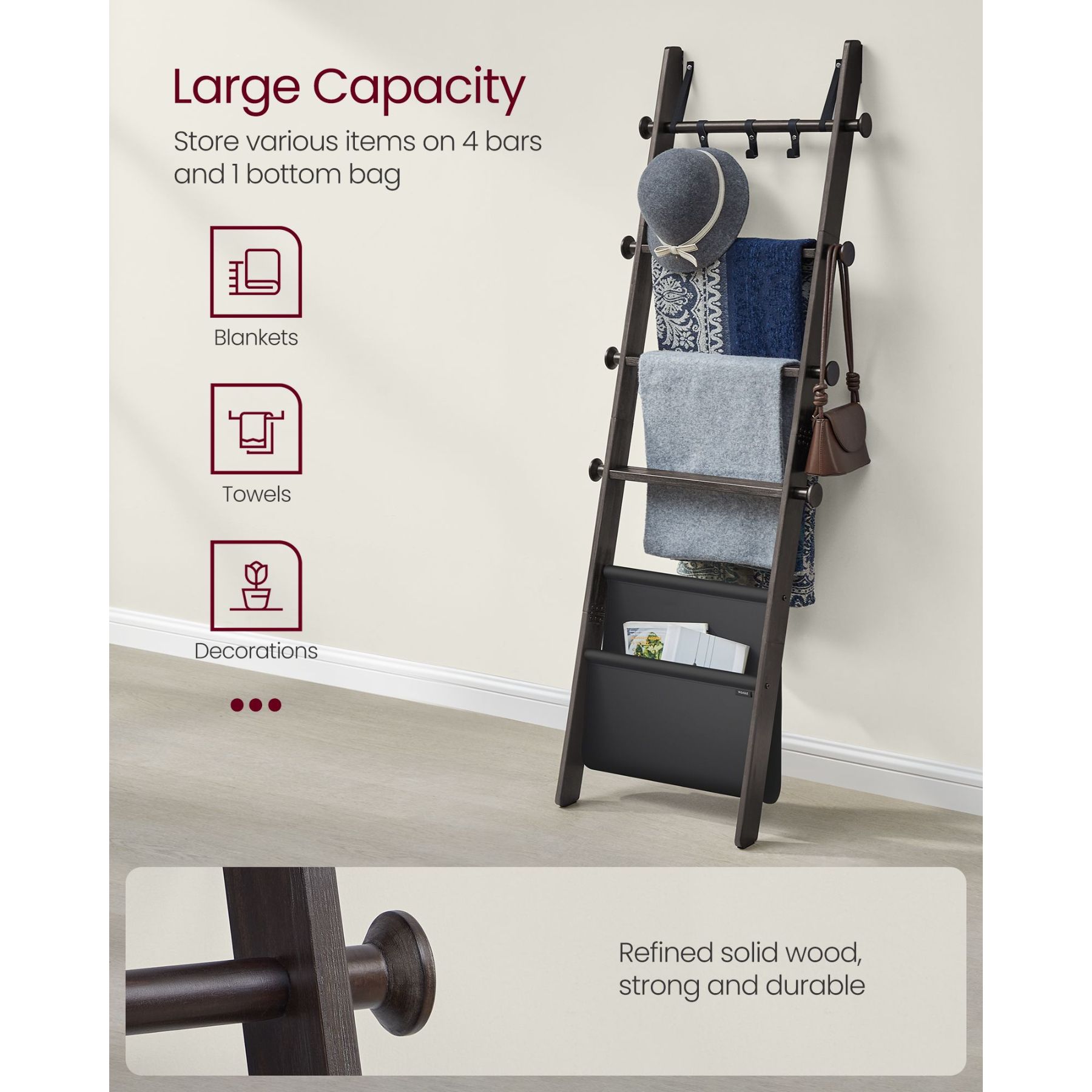 Slickblue Wooden Ink Black/ Cream White Blanket Ladder with 3 Hooks and ...