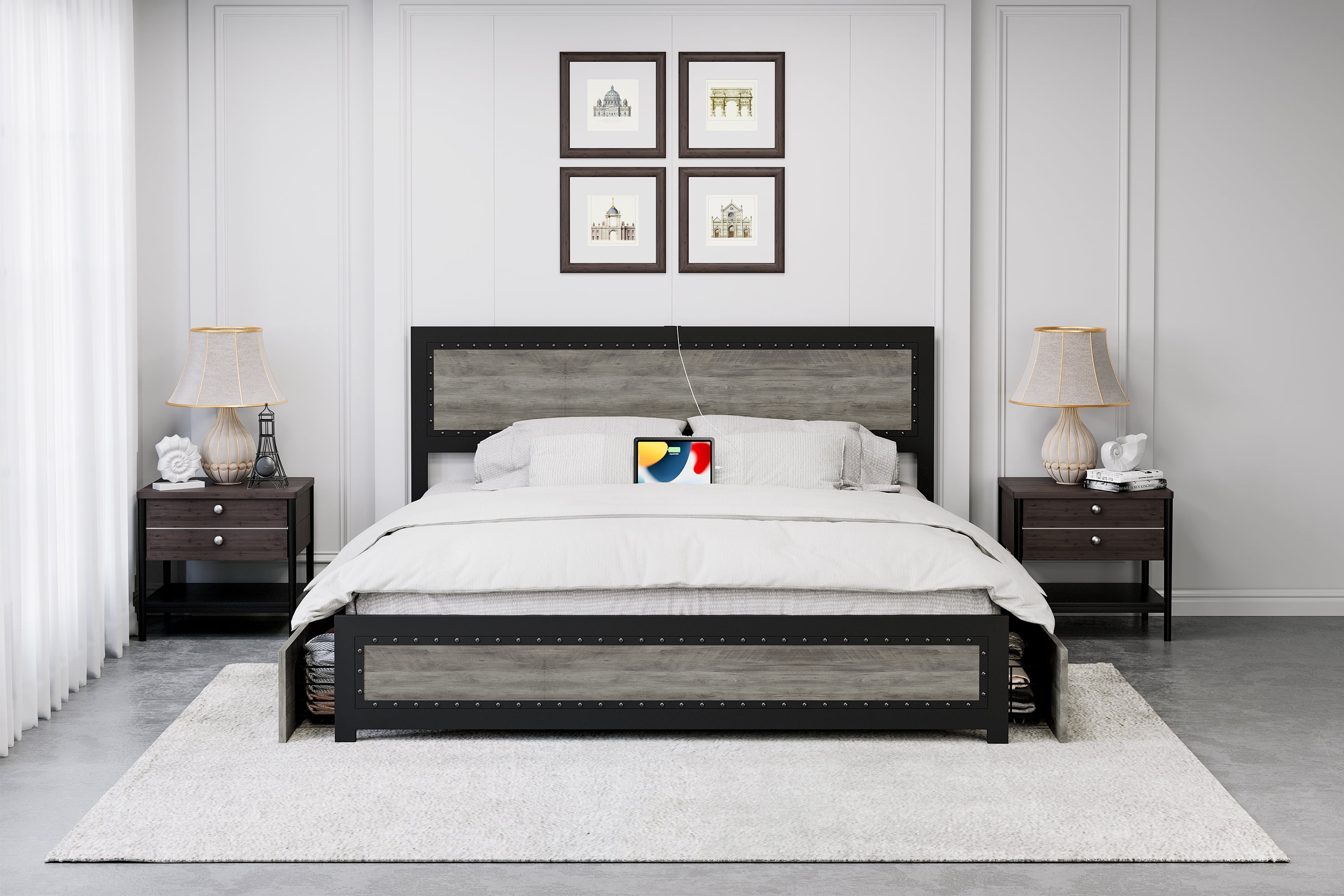 Garvee King Size Bed Frame with Headboard Industrial Platform Design ...