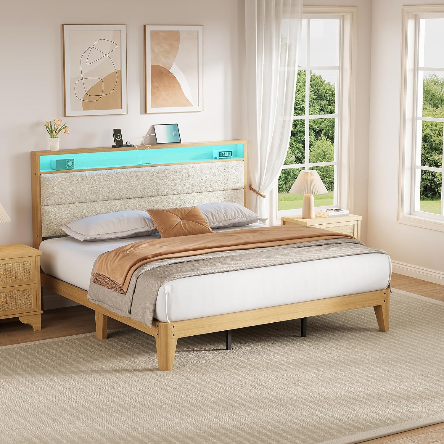 Garvee King Size Bed Frame with Storage Headboard LED Boucle Bed Frame ...
