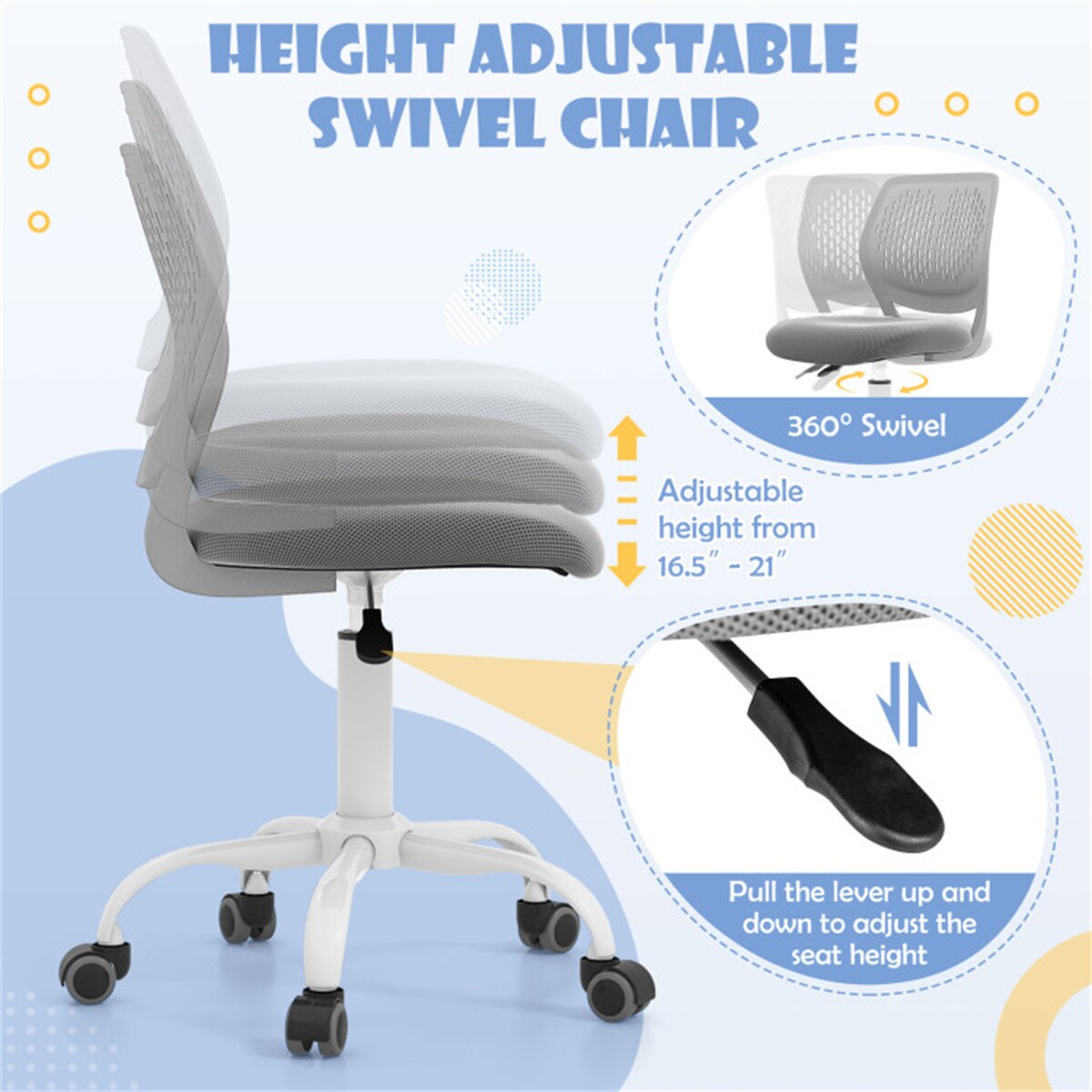 Zyerch Gray Ergonomic Kids Desk Chair Adjustable Height 165 to 21 Inch ...