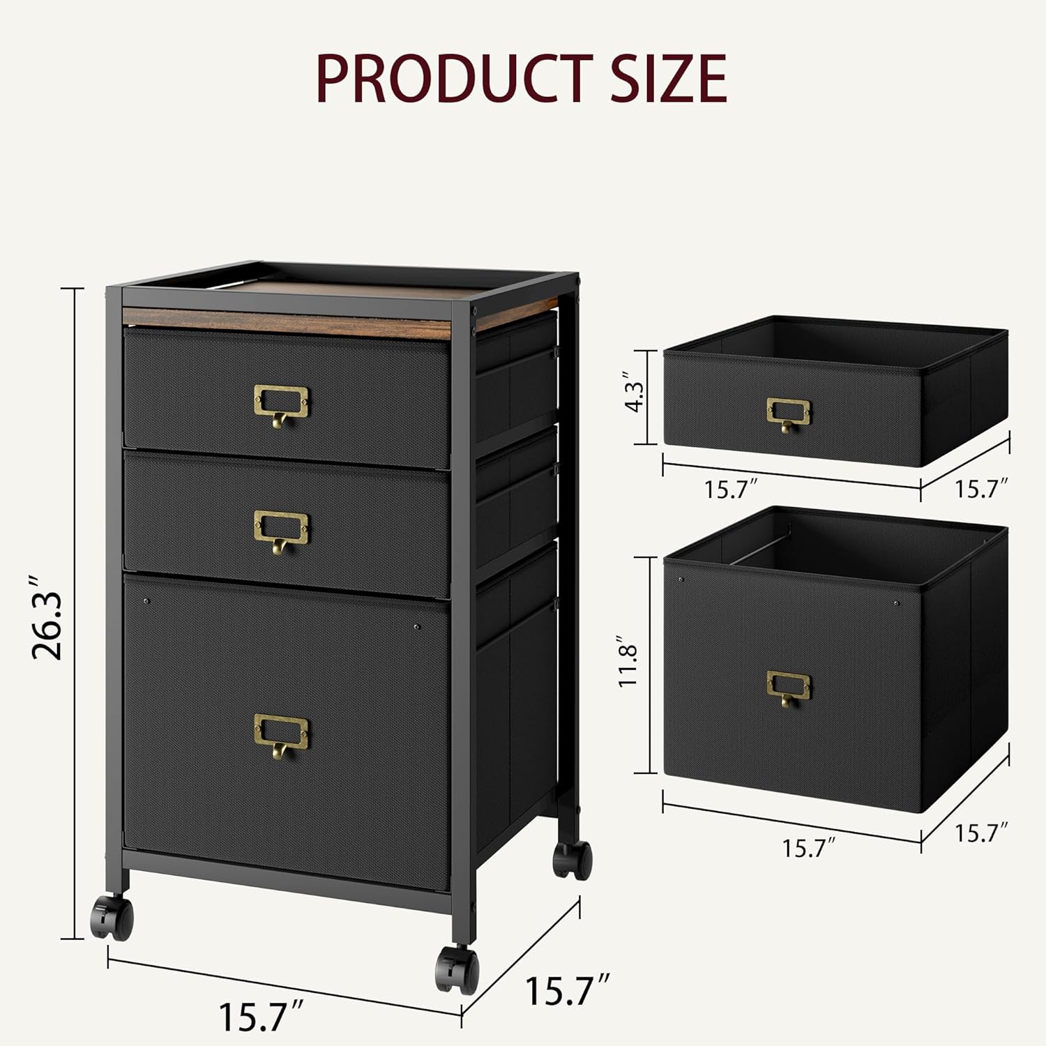 Qeetex Retro Color Board and Black Fabric 3-Drawer Under Desk Vertical ...