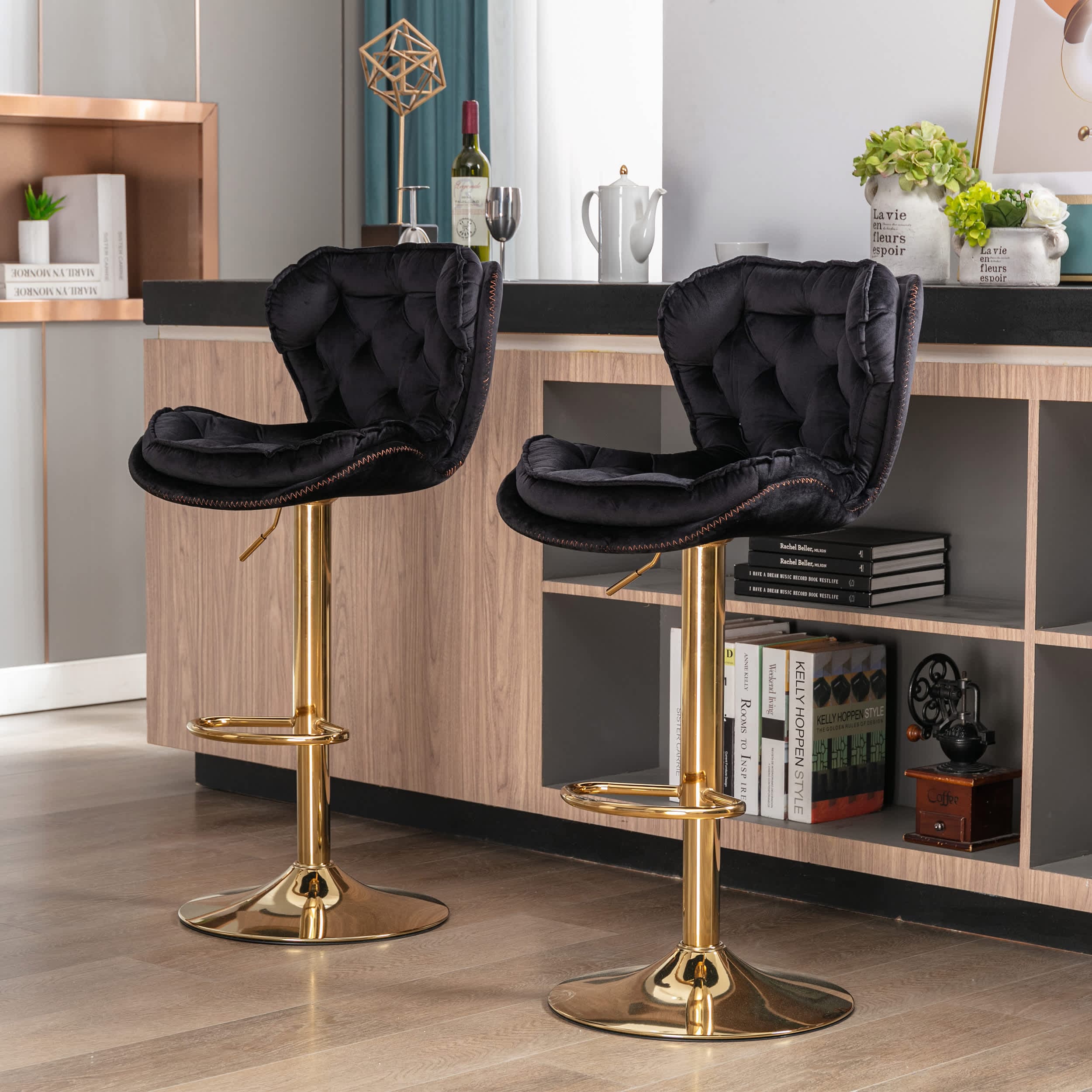 Vynxaria Set of 2 Black Velvet Bar Stools Swivel Height Adjustable ...