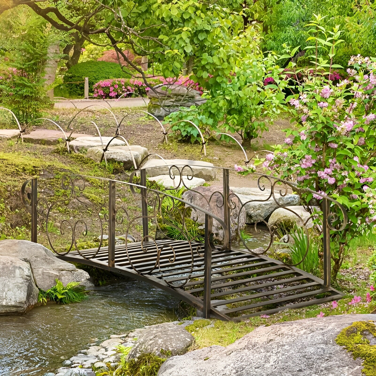 Slickblue Vintage Bronze Steel Garden Bridge with Arch Design and Side ...