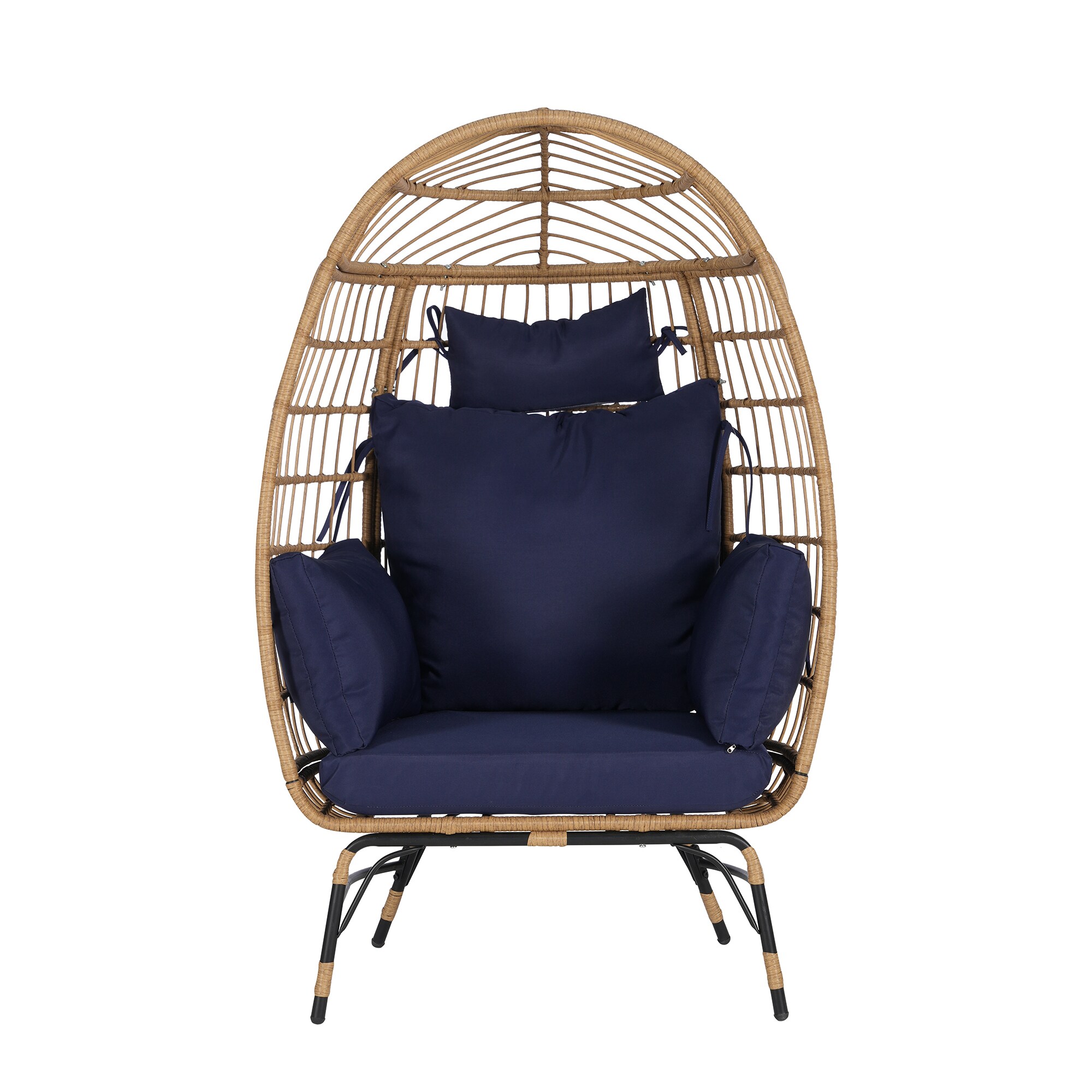 SINOFURN Wicker Brown Metal Frame Stationary Egg Chair with Blue ...
