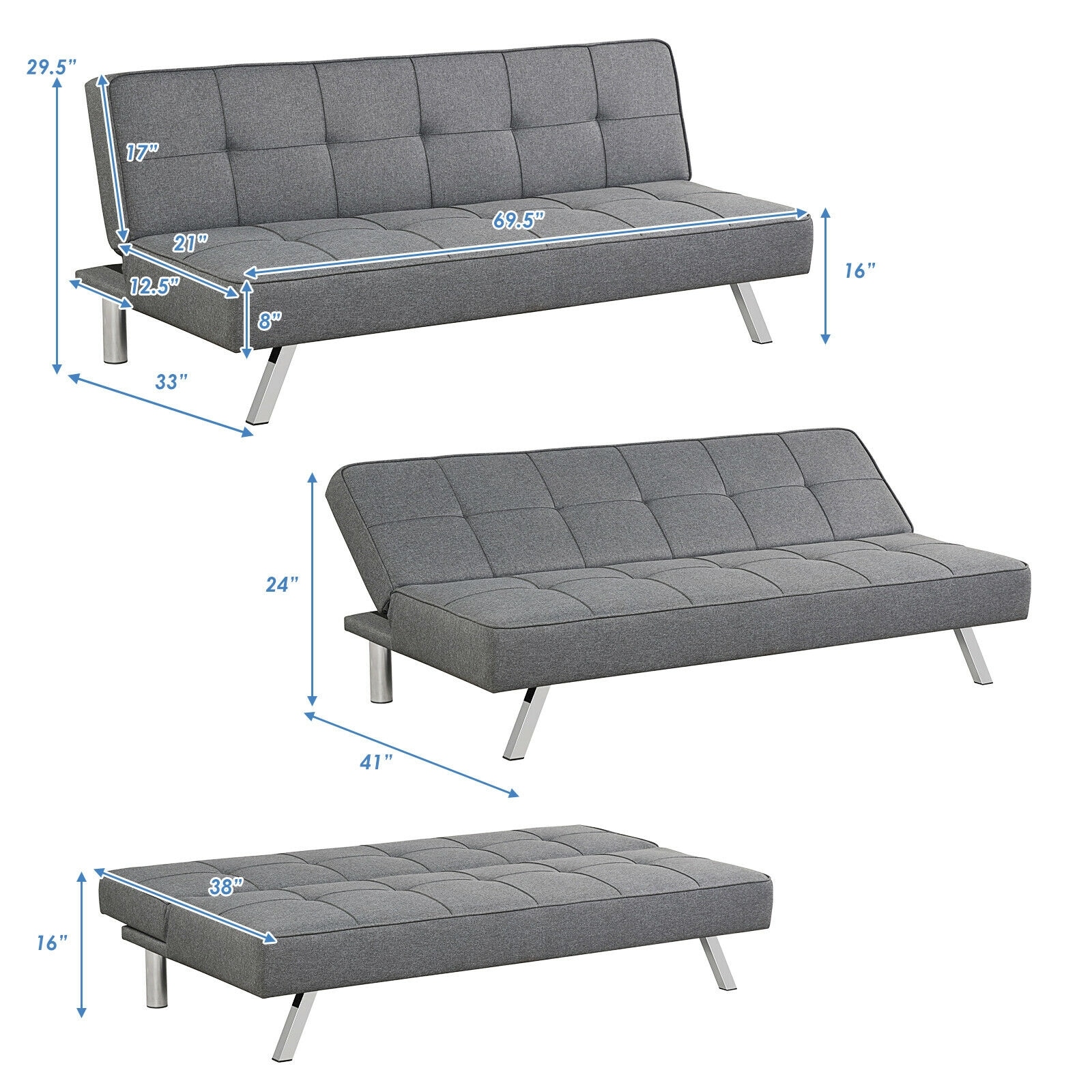 SUGIFT 3-Position Adjustable 3-Seat Convertible Sofa Bed With High ...