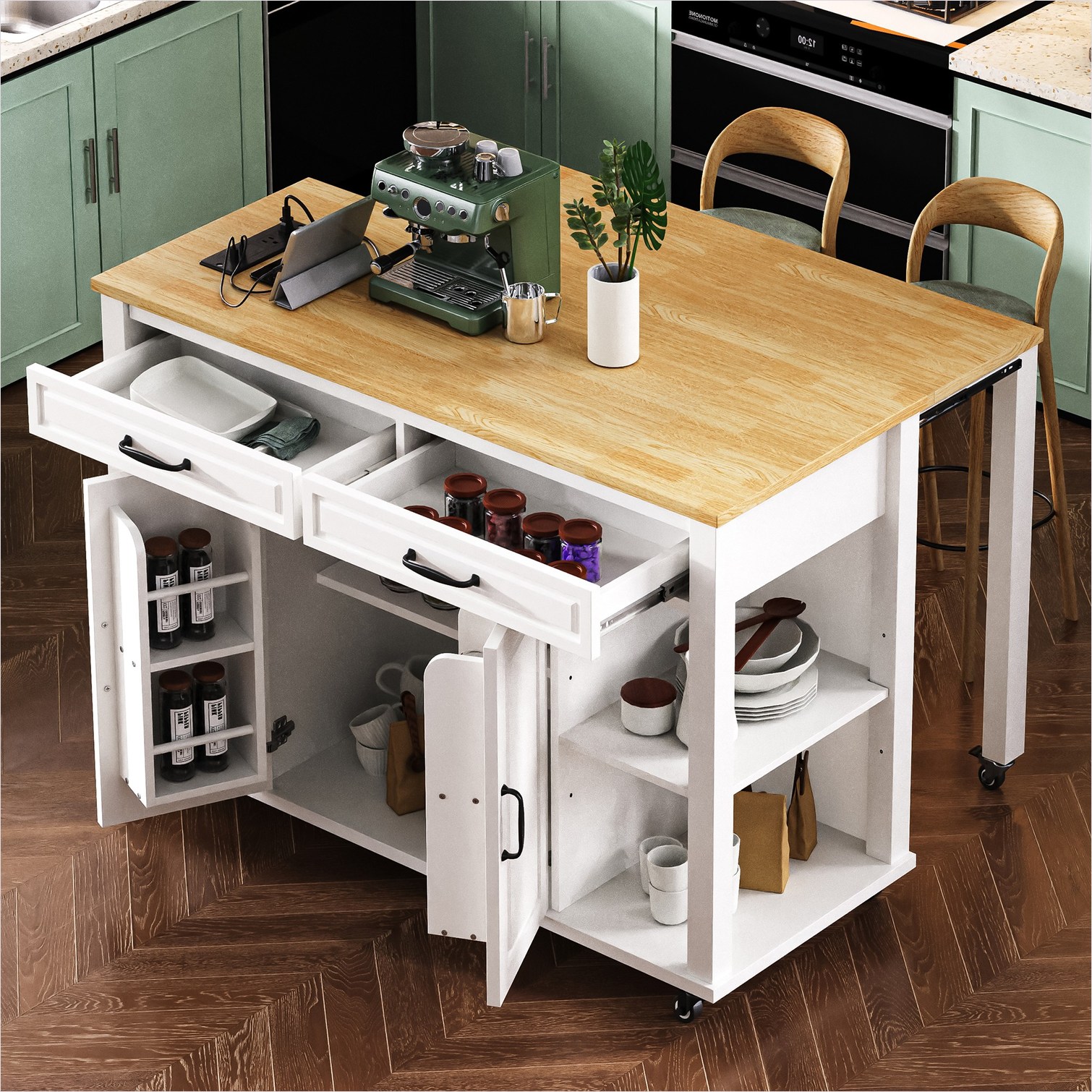 Watnature 47-Inch Extendable Kitchen Island Table with Power Outlet ...