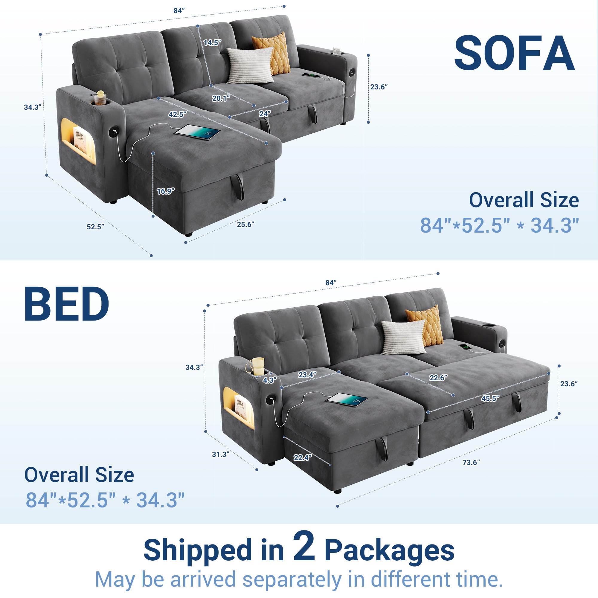 IdealHouse 84 Inch Sleeper Sofa Bed L-Shaped Sofa Convertible Pull Out ...