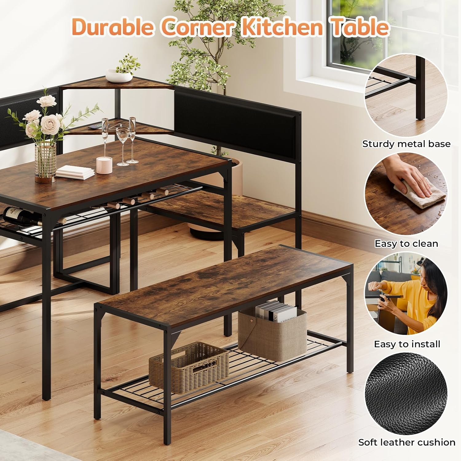 Zevemomo L Shaped Corner Kitchen Table Set Brown with Storage and Bench ...
