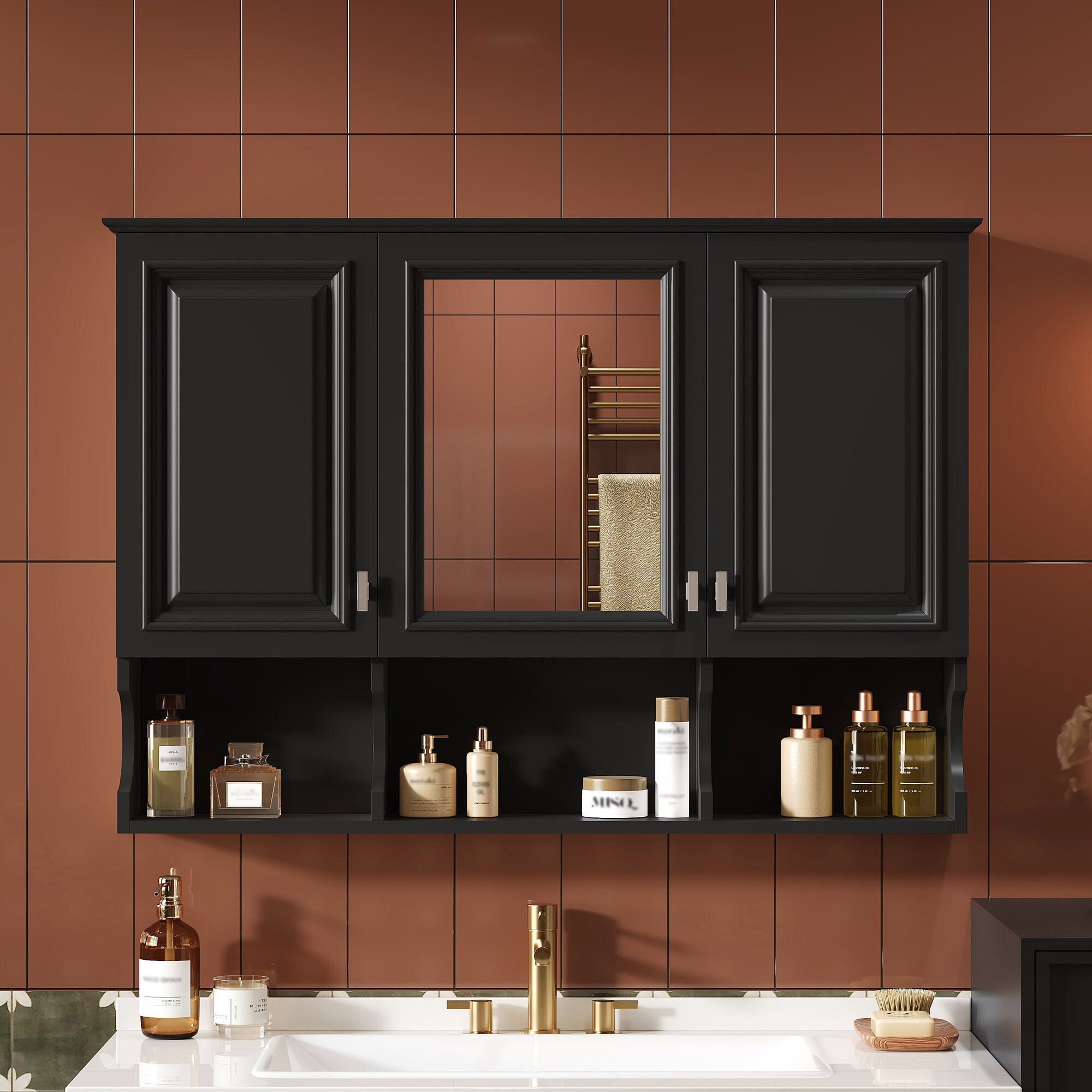 Huluwat 41 Inch Mirror Medicine Cabinet with Open Shelves Wall Mounted ...
