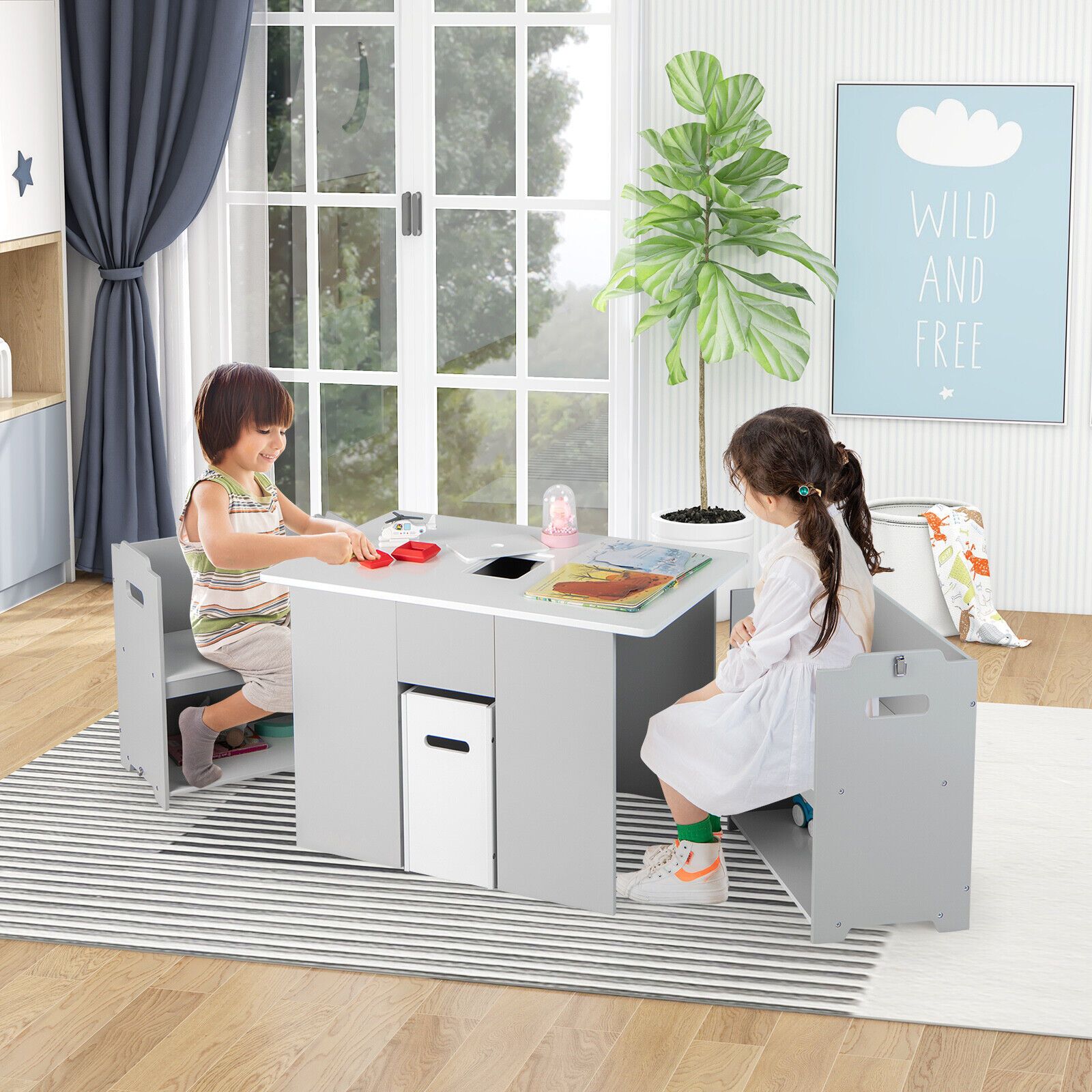 Slickblue Set of 3- Kids Play Table and Chairs with Storage Box for ...
