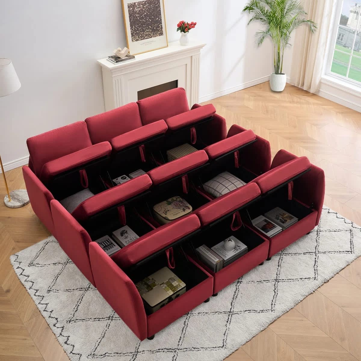 Garvee 86-Inch Sofa-9 Seater With Petal Cushion-Chenille Fabric-Wine ...