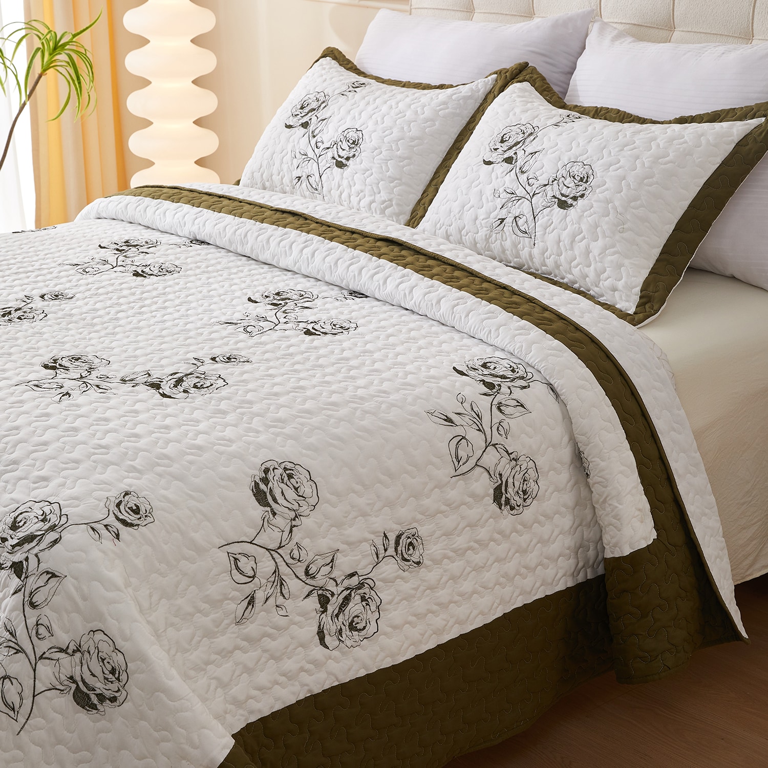 Luupatchy Brown Floral Embroidered Polyester Quilt Set 3 Piece ...