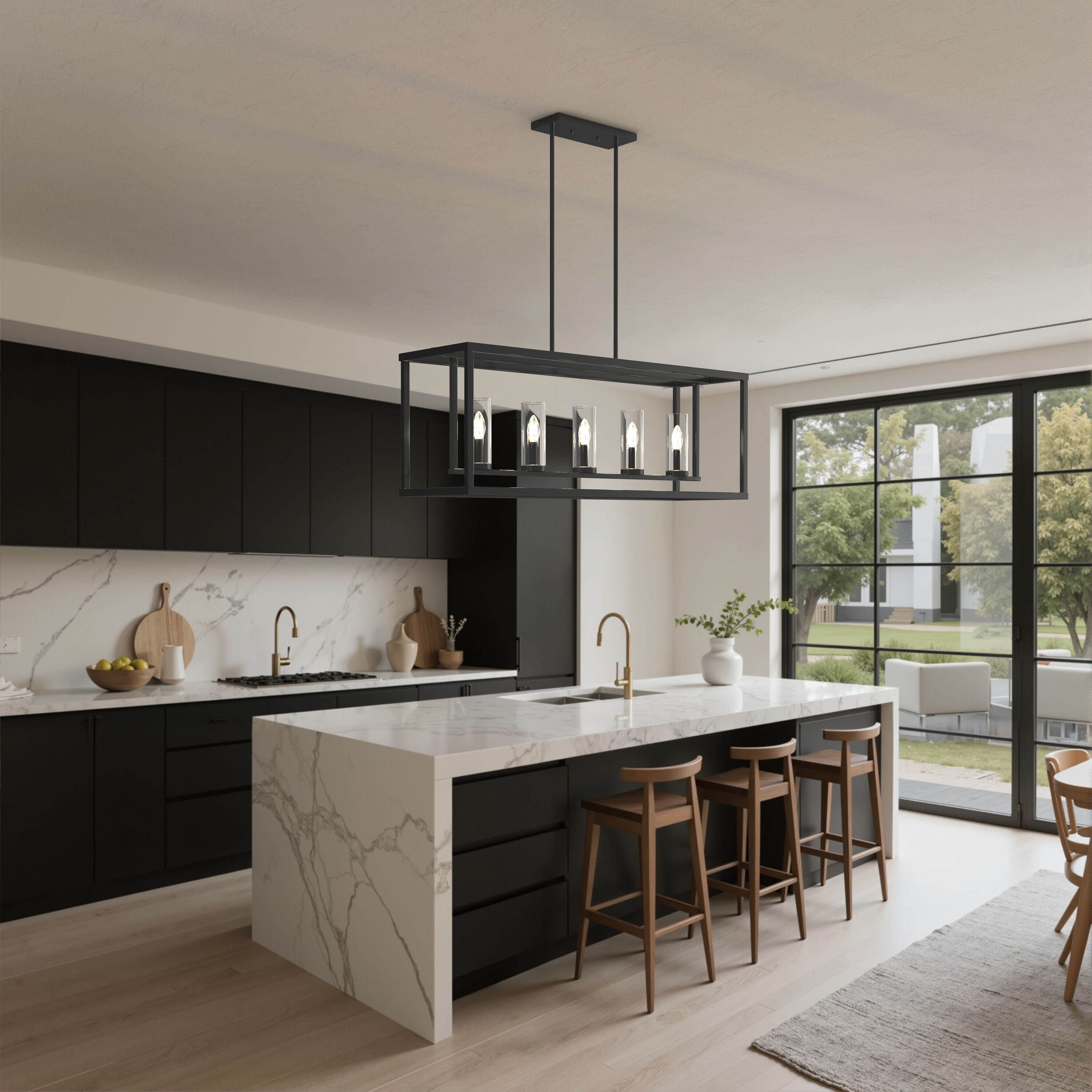 DORESshop 42 in 5 Light Matte Black Modern Pendant Light with Clear ...