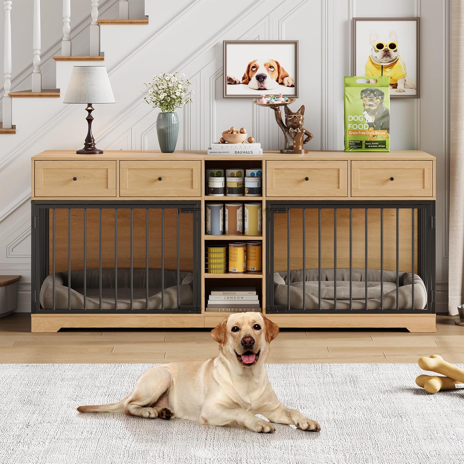 Garvee 82 Inch Double Dog Crate Furniture with 4 Storage Drawers Heavy ...