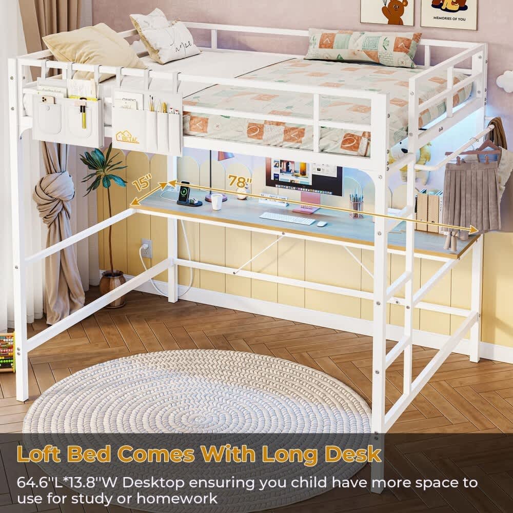 Aok Garden Twin Size Loft Bed with Desk LED Lights Charging Station ...