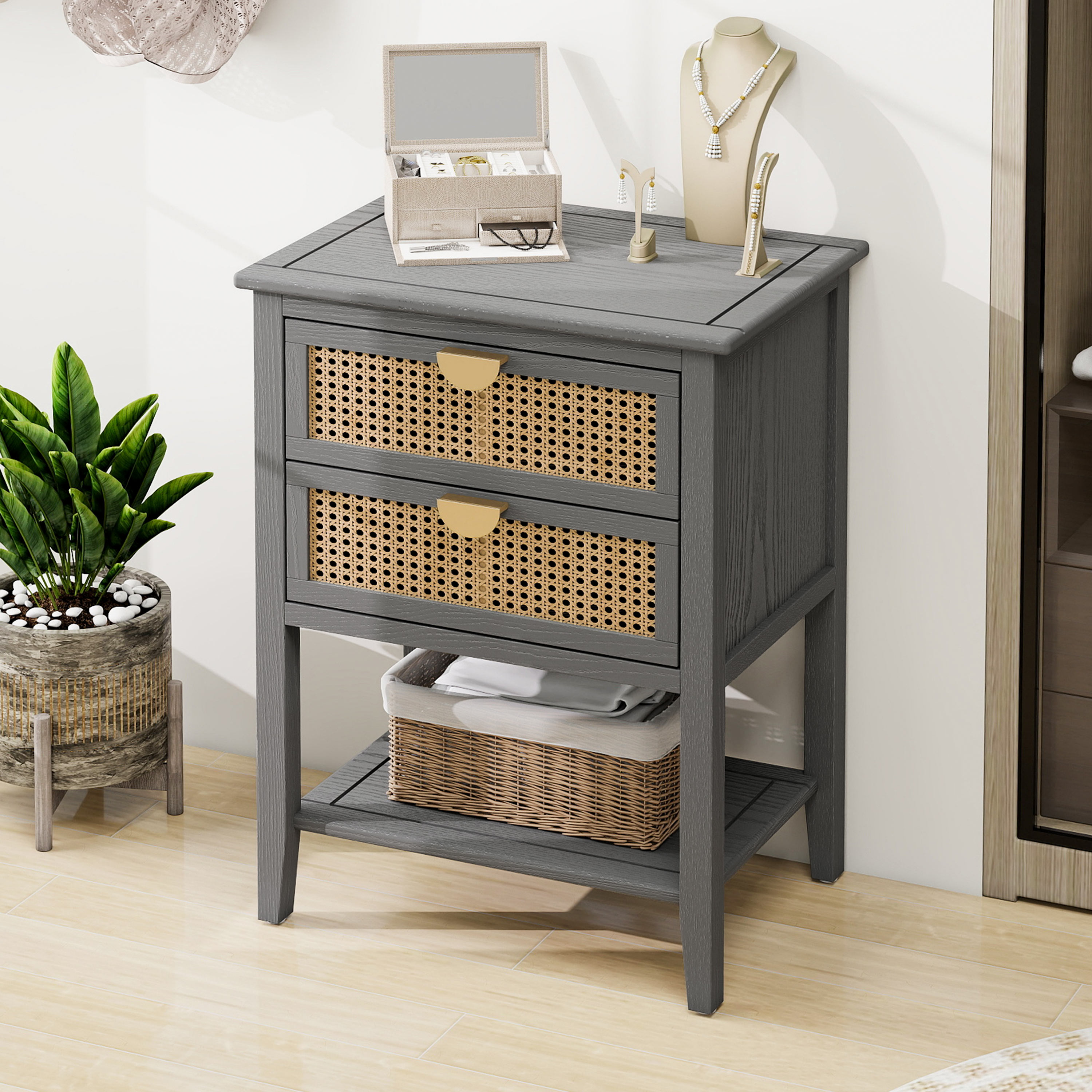 GDFStudio Gray 2 Drawer Side Table with Natural Rattan Design for ...